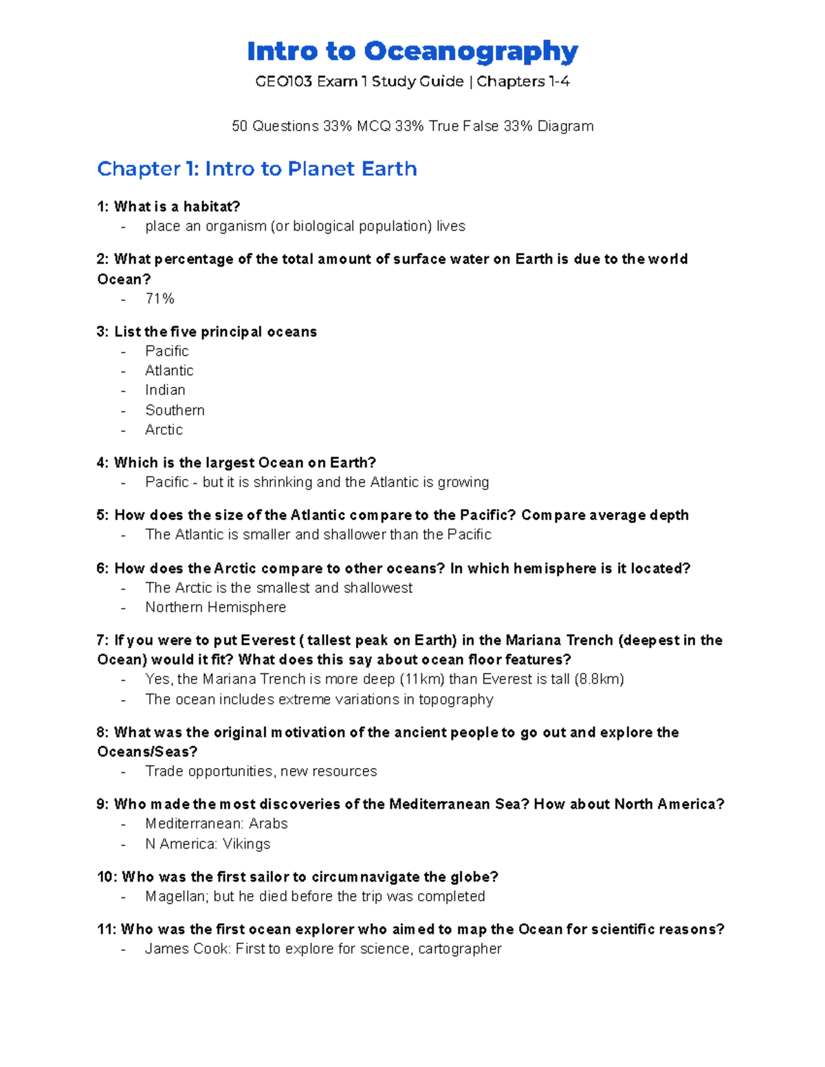 GEO103 Exam 1 Study Guide: Key Concepts and Ocean Features - Studocu