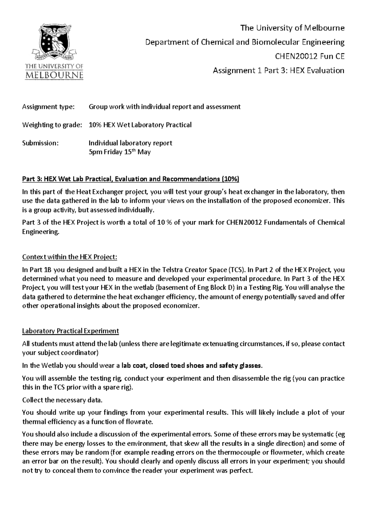 CHEN20012 Final Exam: HEX Wet Lab Practical Evaluation Report - Studocu