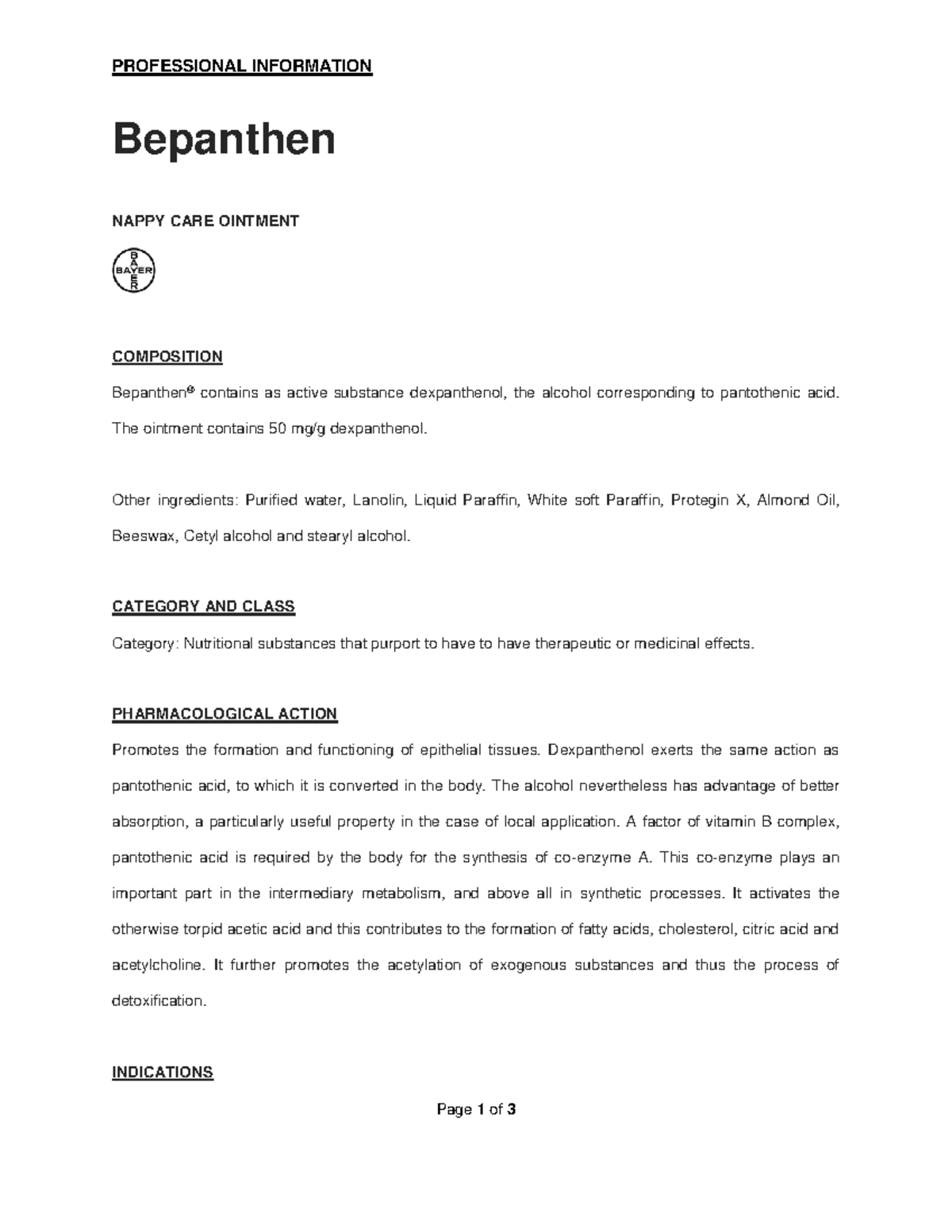 Bepanthen Nappy Care Ointment: Professional Info & Composition - Studocu