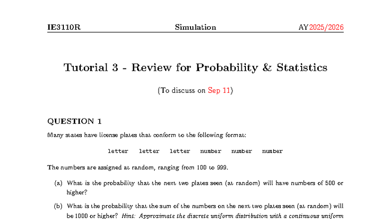 IE3110R Simulation Tutorial 3 Review: Probability & Statistics Concepts - Studocu