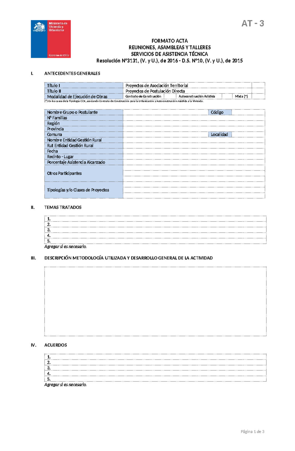 Formato AT-3 Acta de Reuniones y Talleres PHR 2016 - Studocu