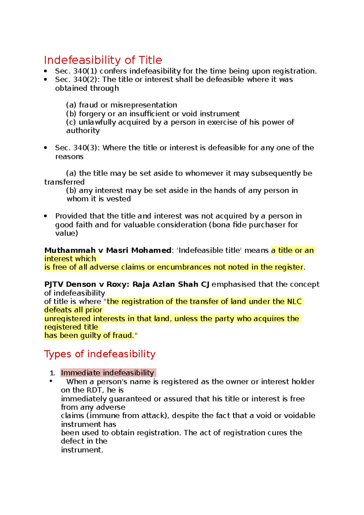 Indefeasibility of Title land law - Indefeasibility of Title Sec. 340(1 ...