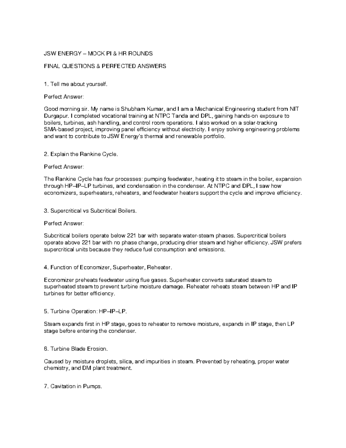 JSW ENGY MOCK PI & HR ROUNDS FINAL ANSWERS GUIDE - Studocu