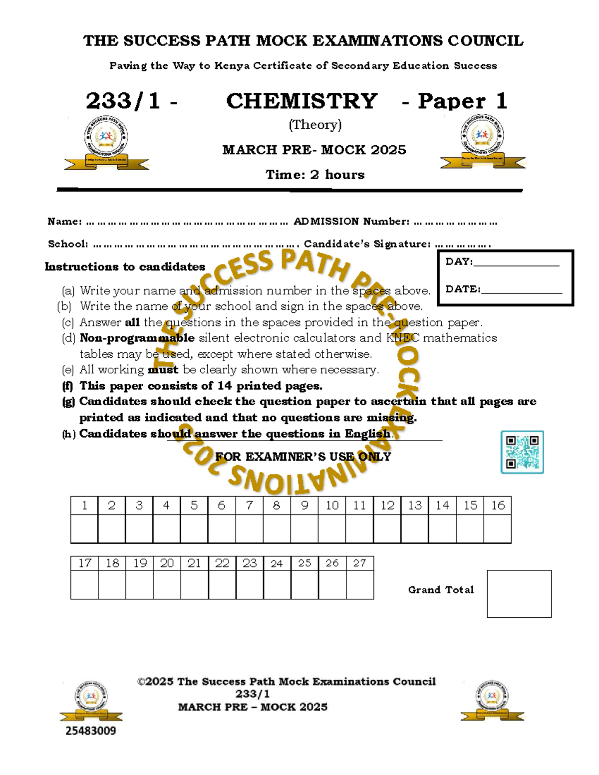 PRE-MOCK CHEMISTRY PAPER 1 QUESTIONS 2025 - K.C.S.E. - Studocu