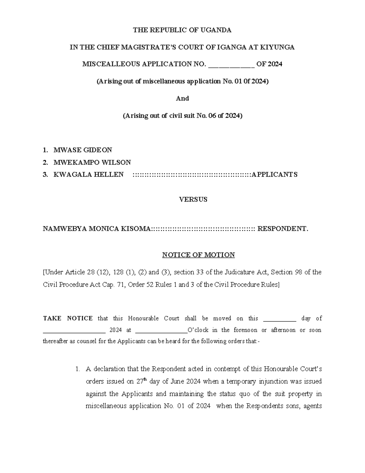 Draft Contempt of Court Application - Case No. 01 of 2024 Final Version ...