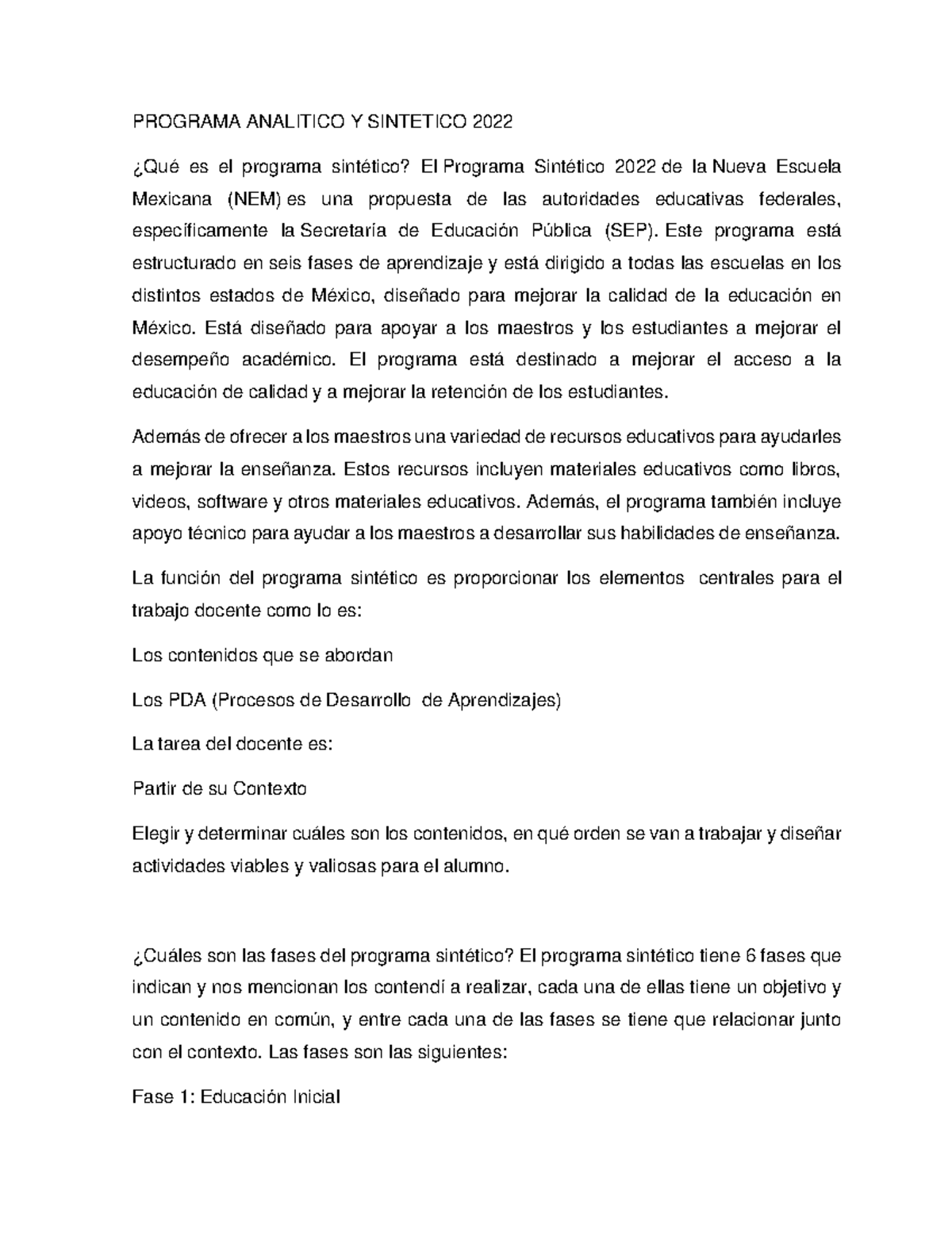 Programa Sintético 2022: Estructura y Fases de Aprendizaje - Studocu