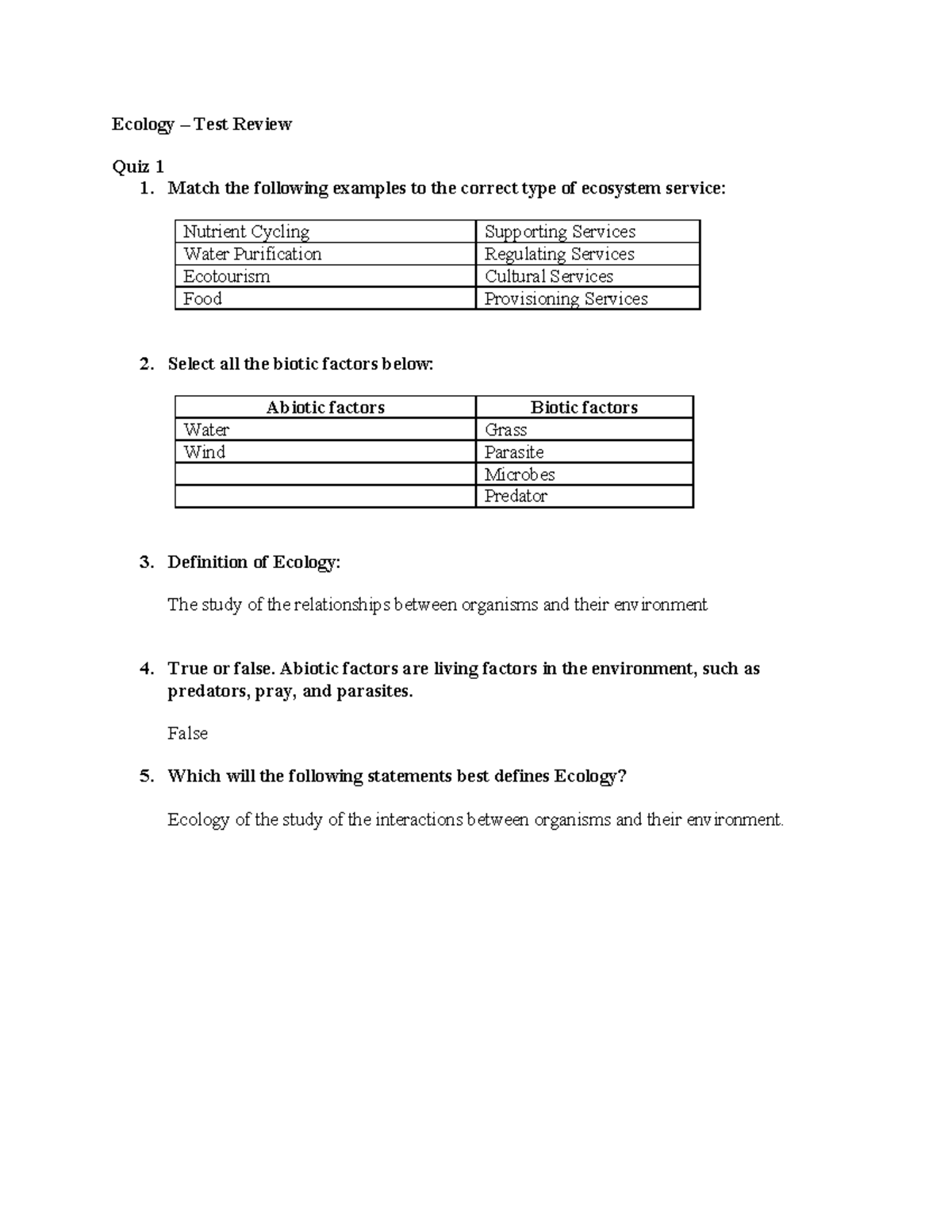 Ecology Test Review: Quiz 1 and Key Concepts Overview - Studocu