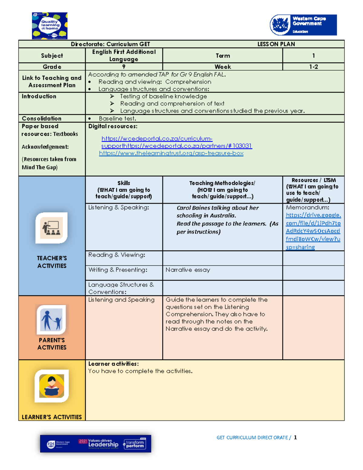 Grade 9 English FAL Term 1 Lesson Plan (Weeks 1 & 2) - Studocu