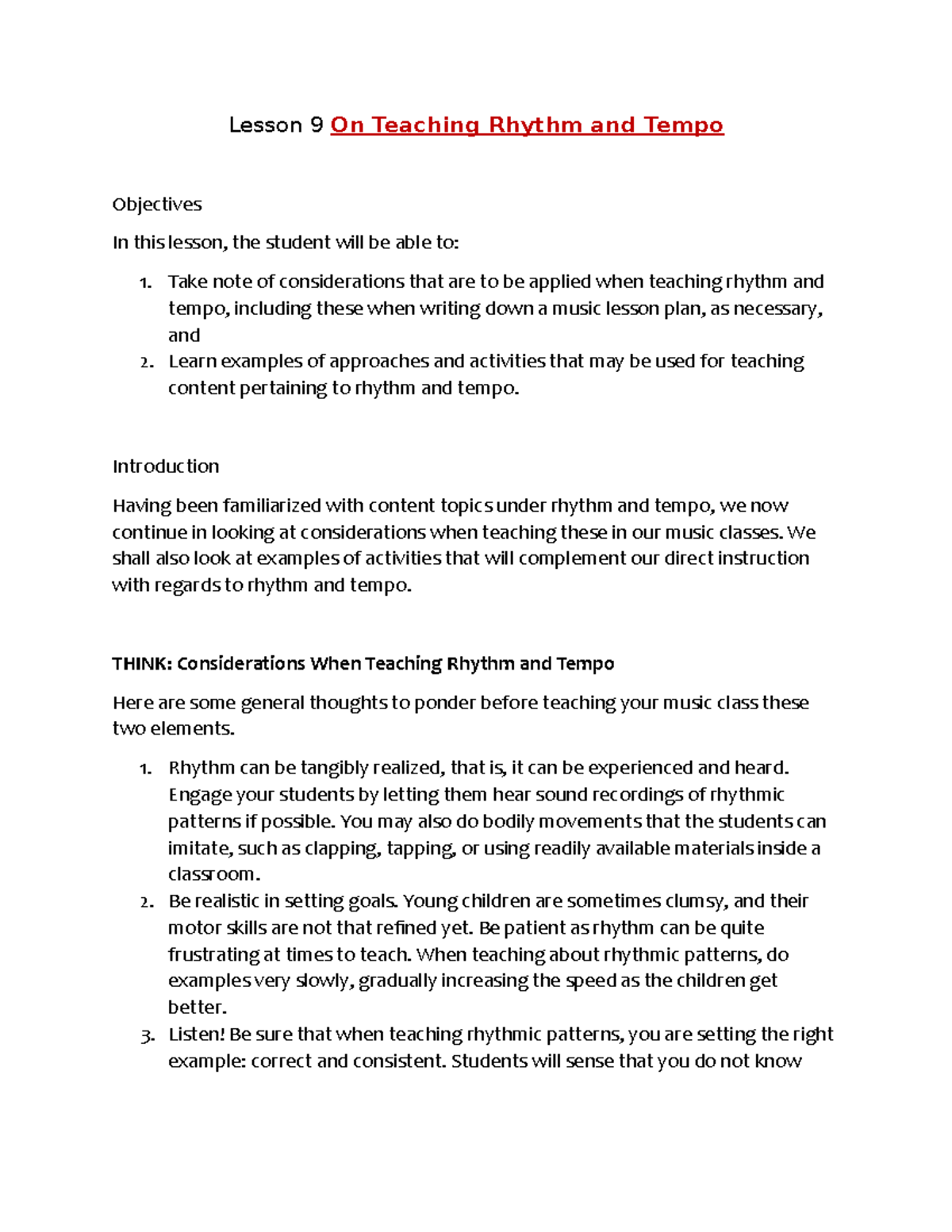 Lesson 9 On Teaching Rhythm and Tempo - Introduction Having been ...
