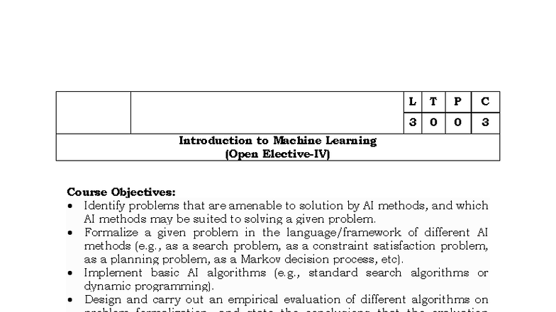 IML 3 0 0 3 Syllabus: Introduction to Machine Learning - Studocu