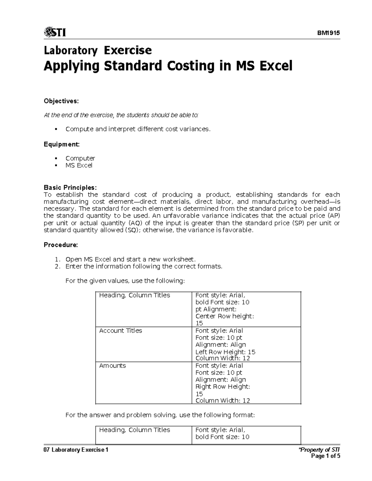 07 Lab Ex 1: Standard Costing with MS Excel - Studocu