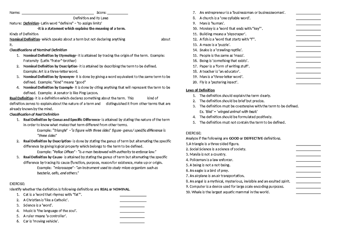 Definitions and Their Laws: Nominal vs. Real (Course Code: INB 692 ...