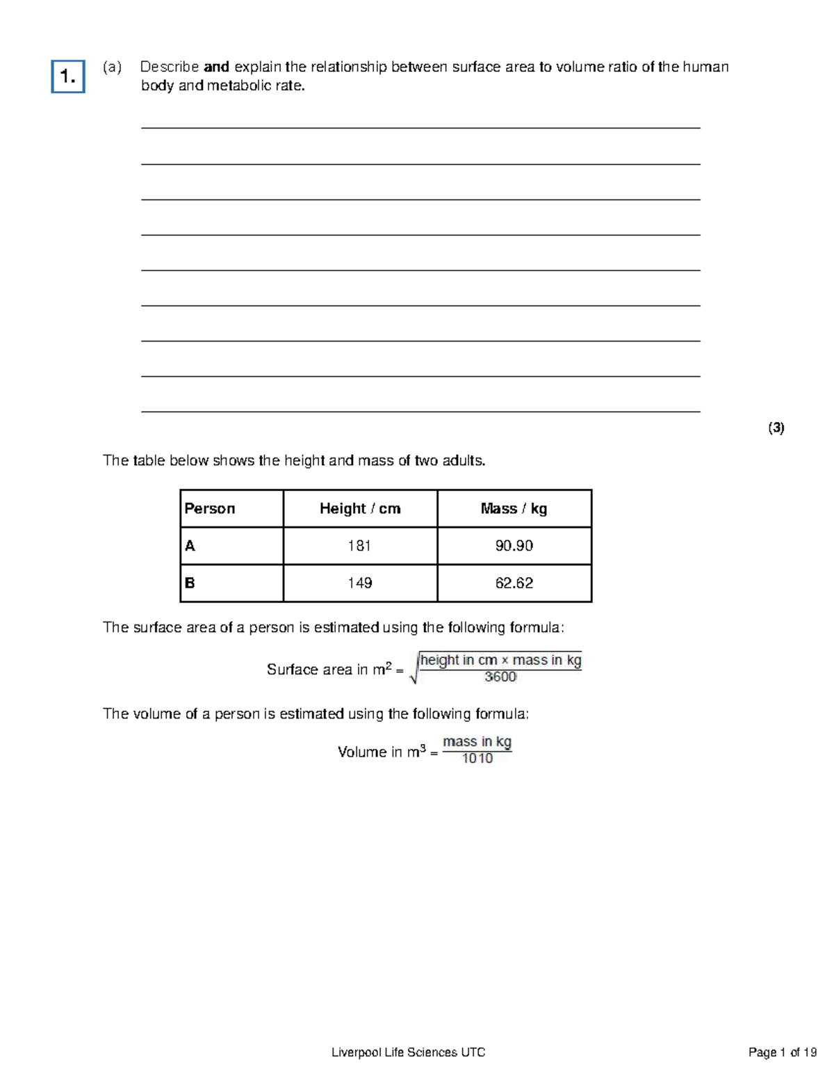 Biology 101: Surface Area to Volume Ratio and Metabolic Rate Analysis ...