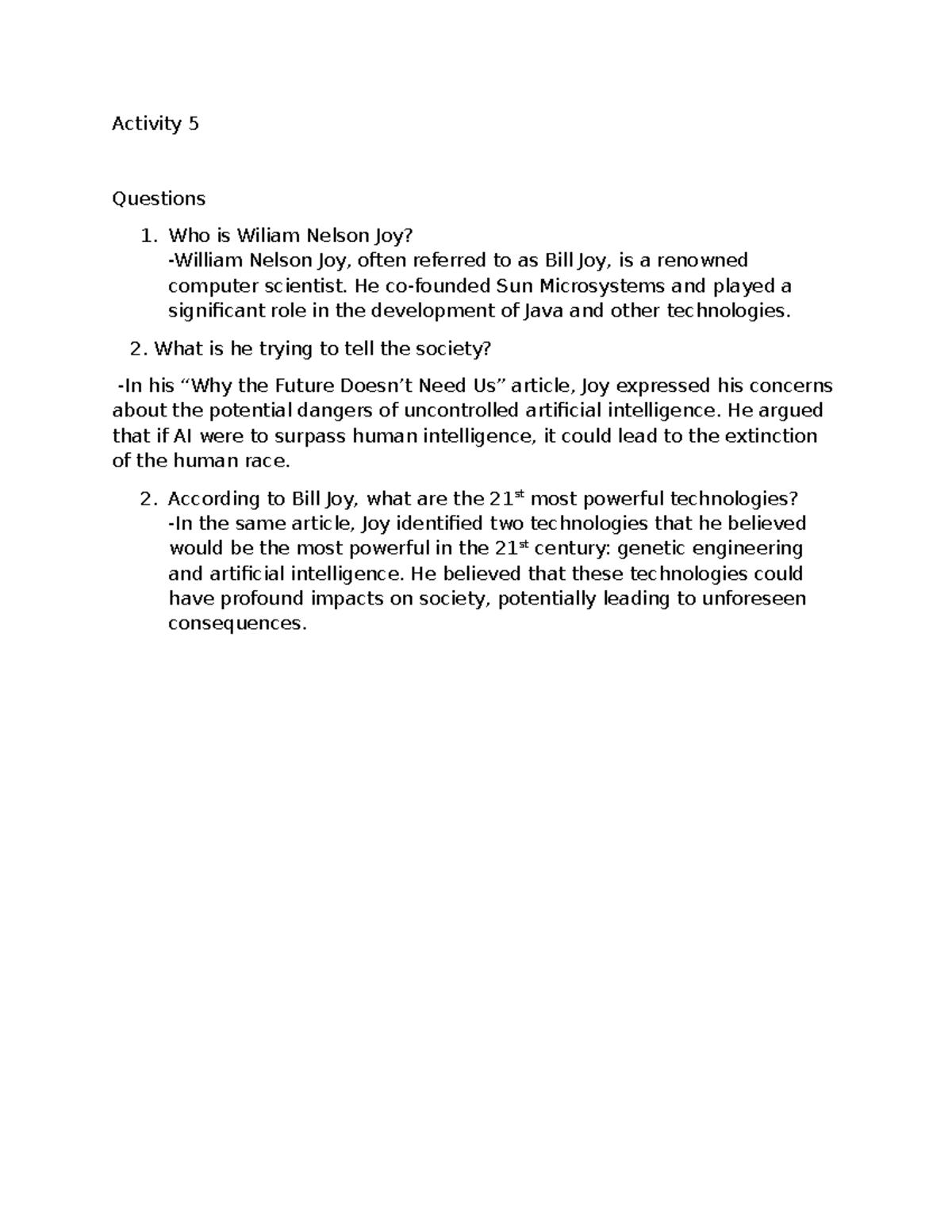 Activity 5 - Insights from Bill Joy on AI and Future Technologies - Studocu