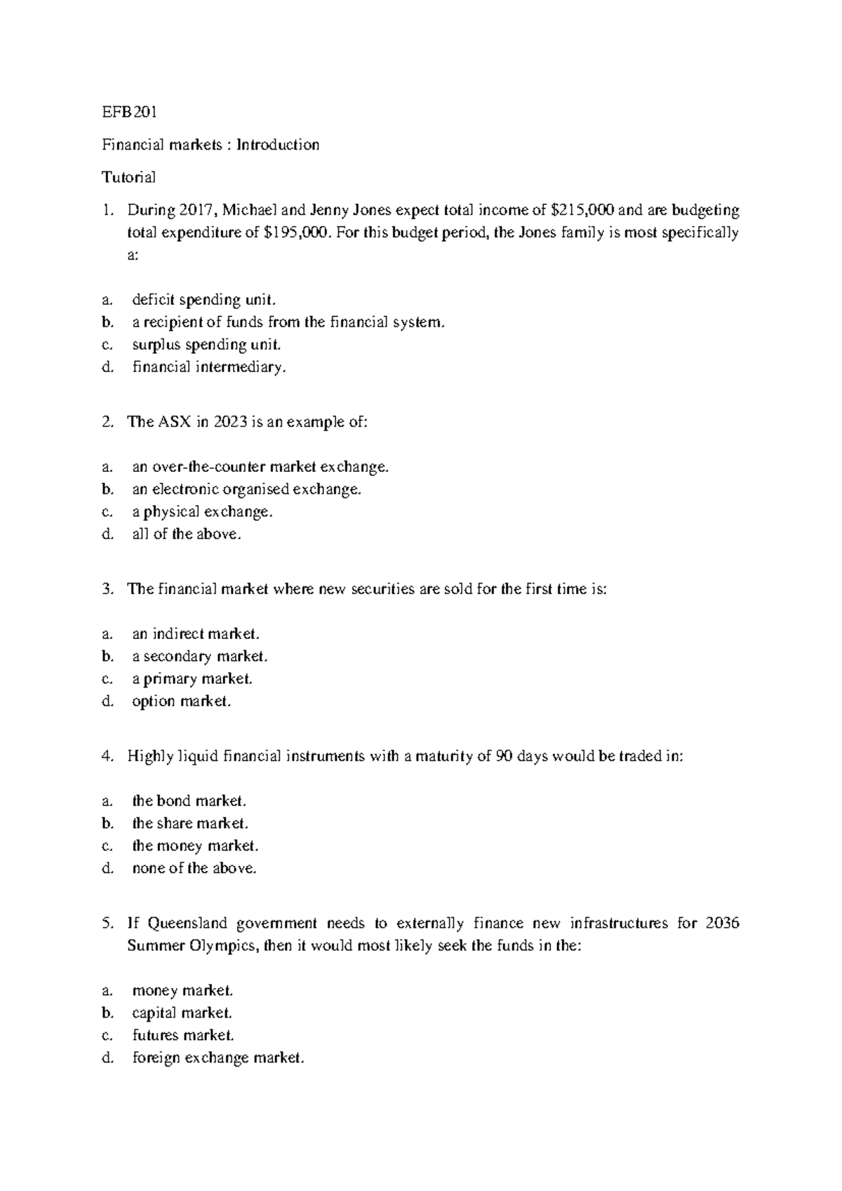 EFB201 Financial Markets: Introduction Tutorial 1 Solutions - Studocu