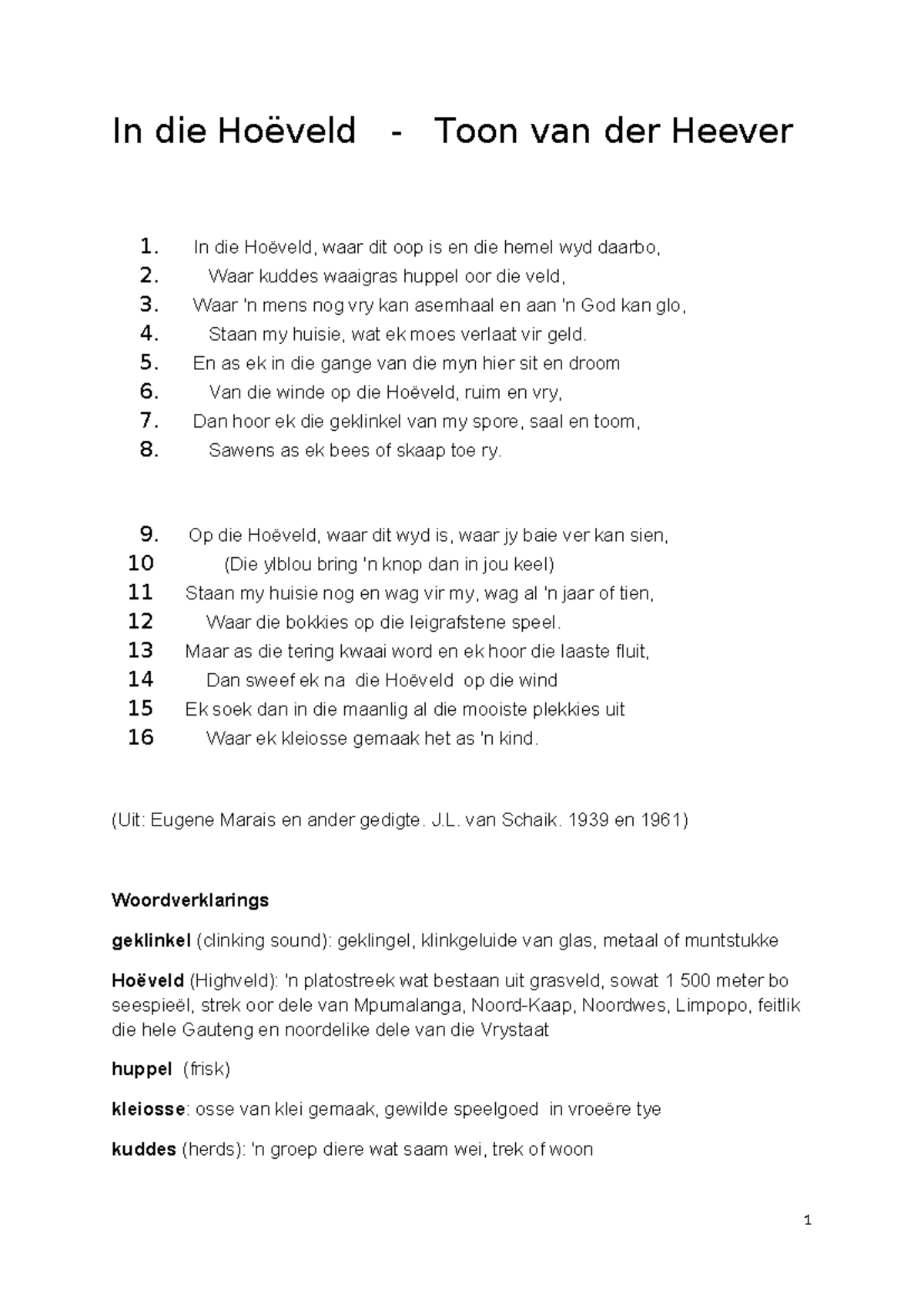 In die Hoëveld - Gedig Notas en Vrae (KLEIOS) - Studocu