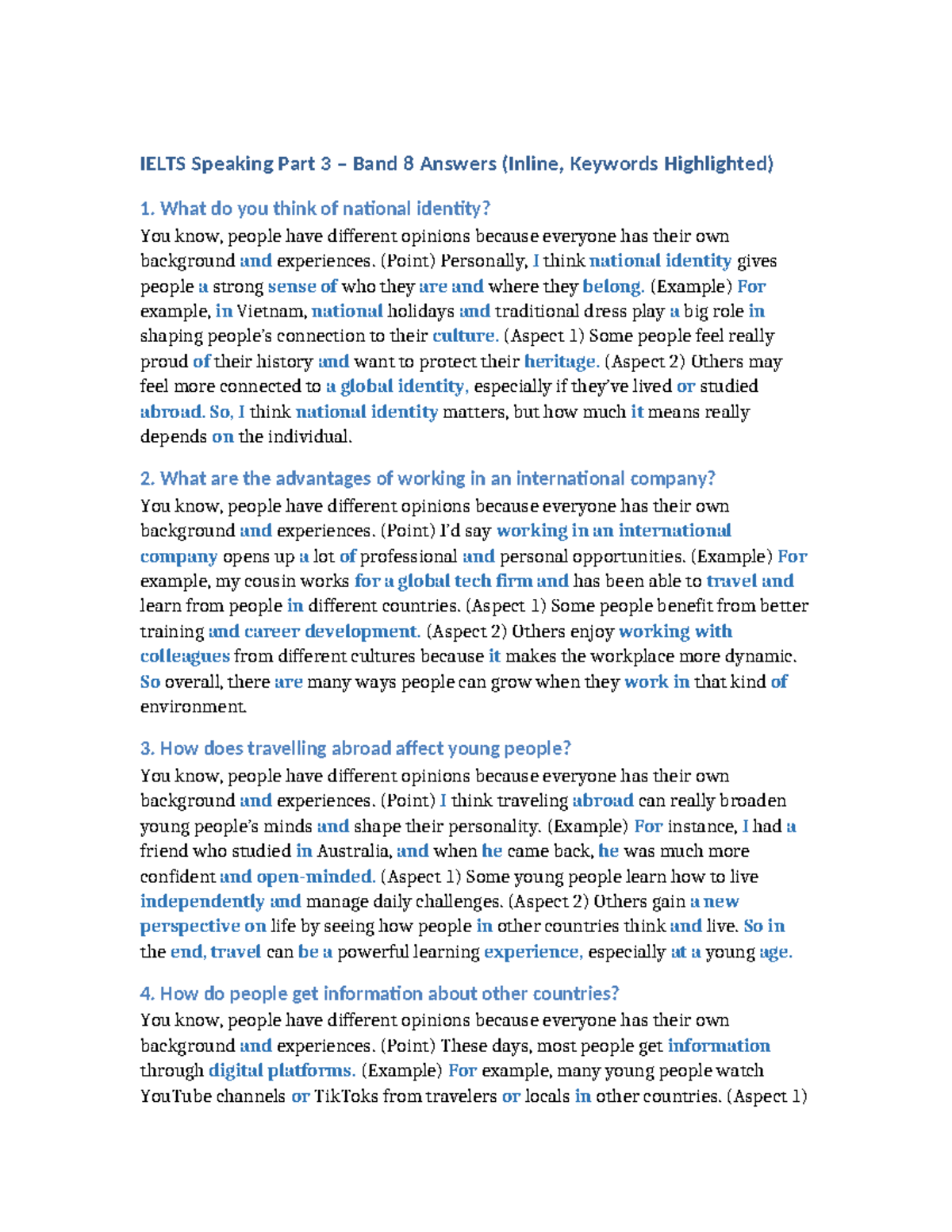 IELTS Speaking Part 3: Band 8 Answers with Highlights - Studocu
