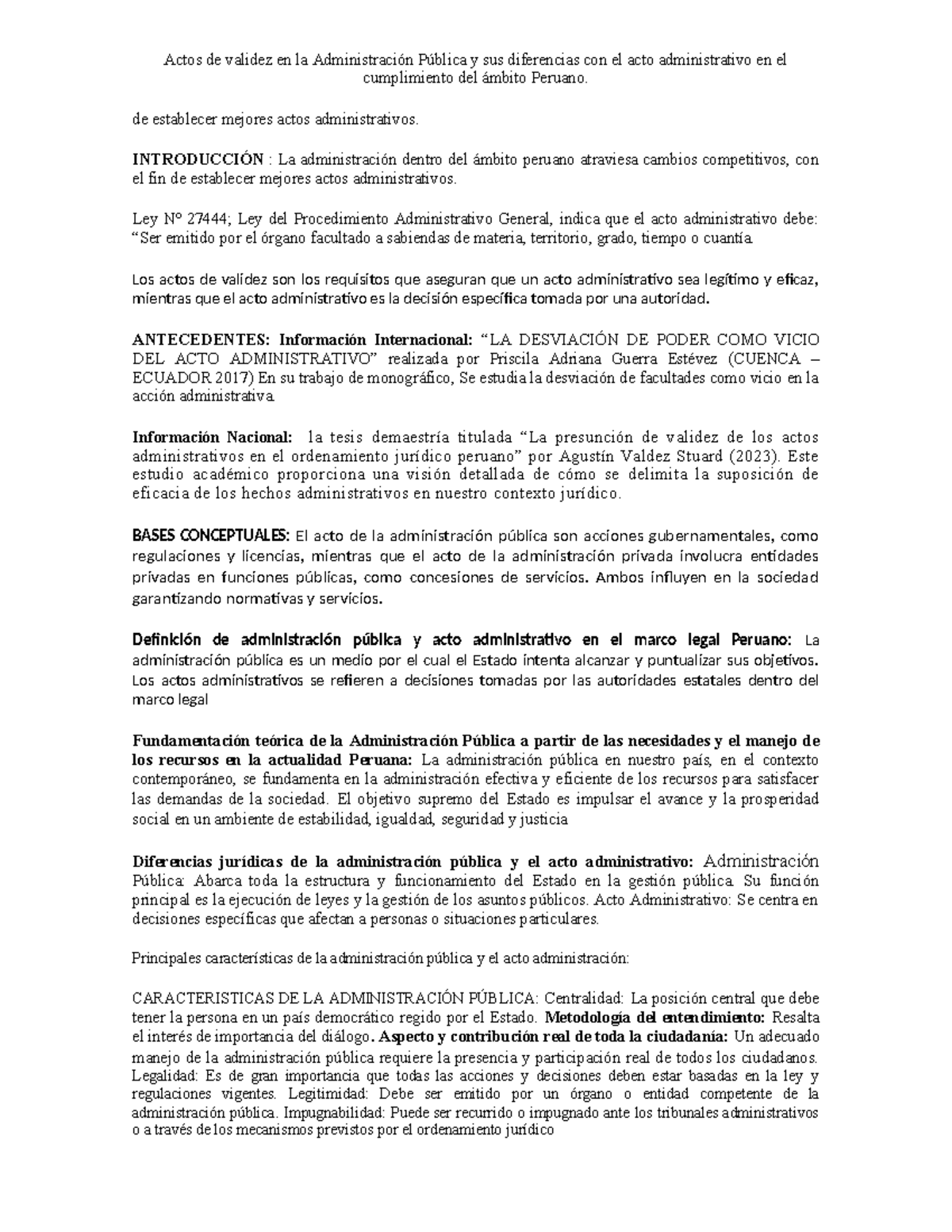 Diferencias entre Actos de Validez y Administrativos en Perú: Un Estudio - Studocu