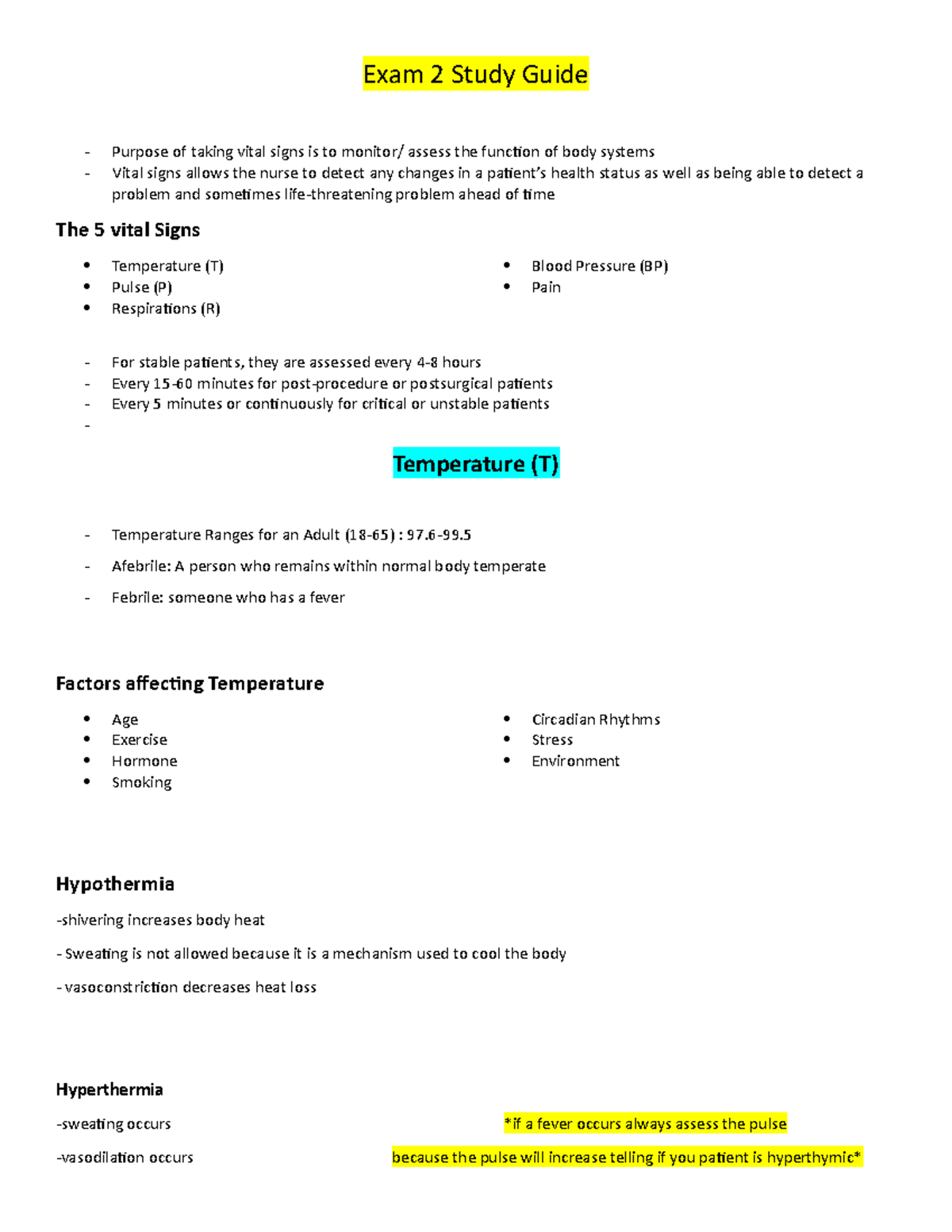Exam 2 Study Guide 1 - Vital Signs and Body System Monitoring Notes ...