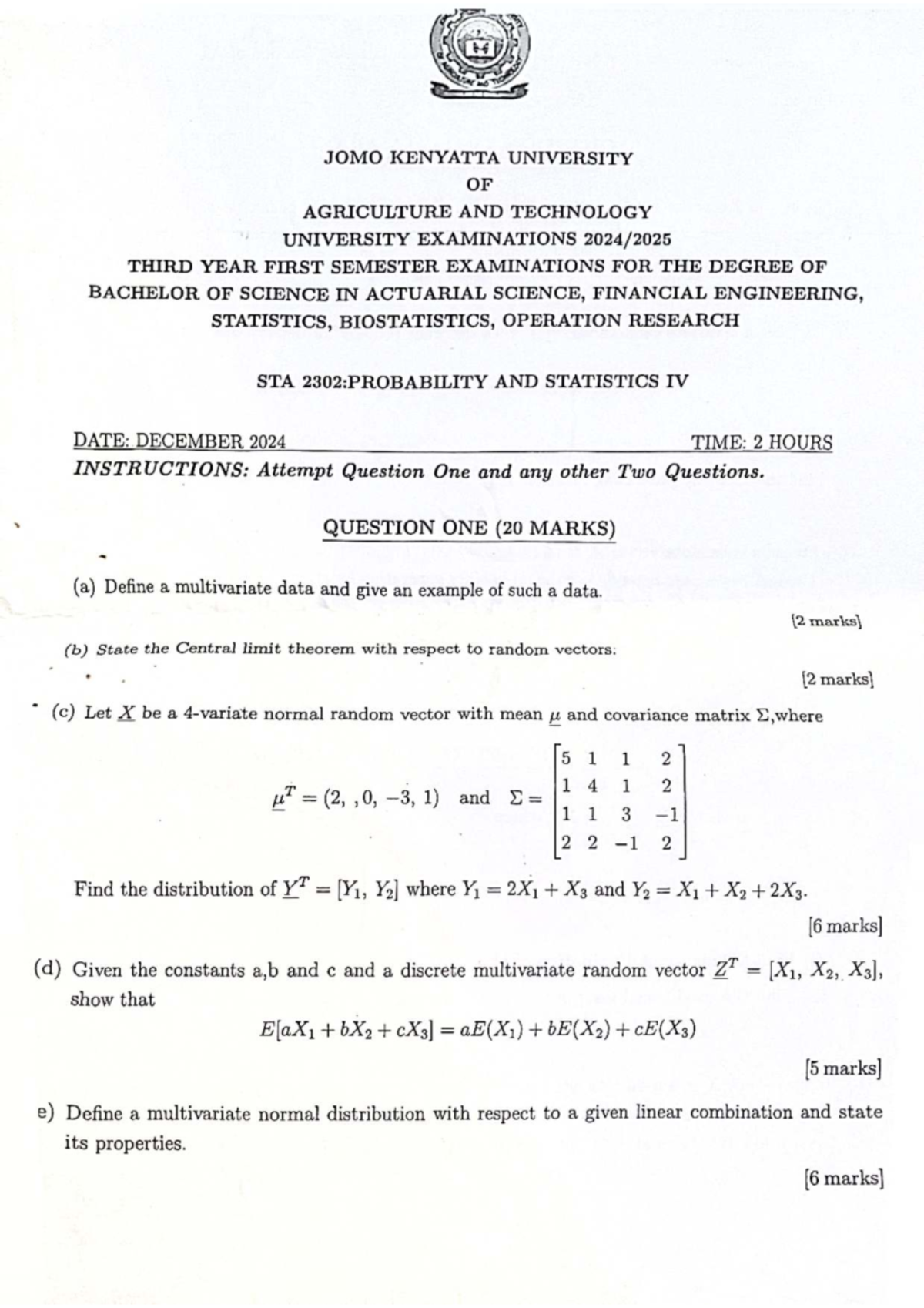 Probability STA 2302: Past Exam Paper for Actuarial Science - Studocu