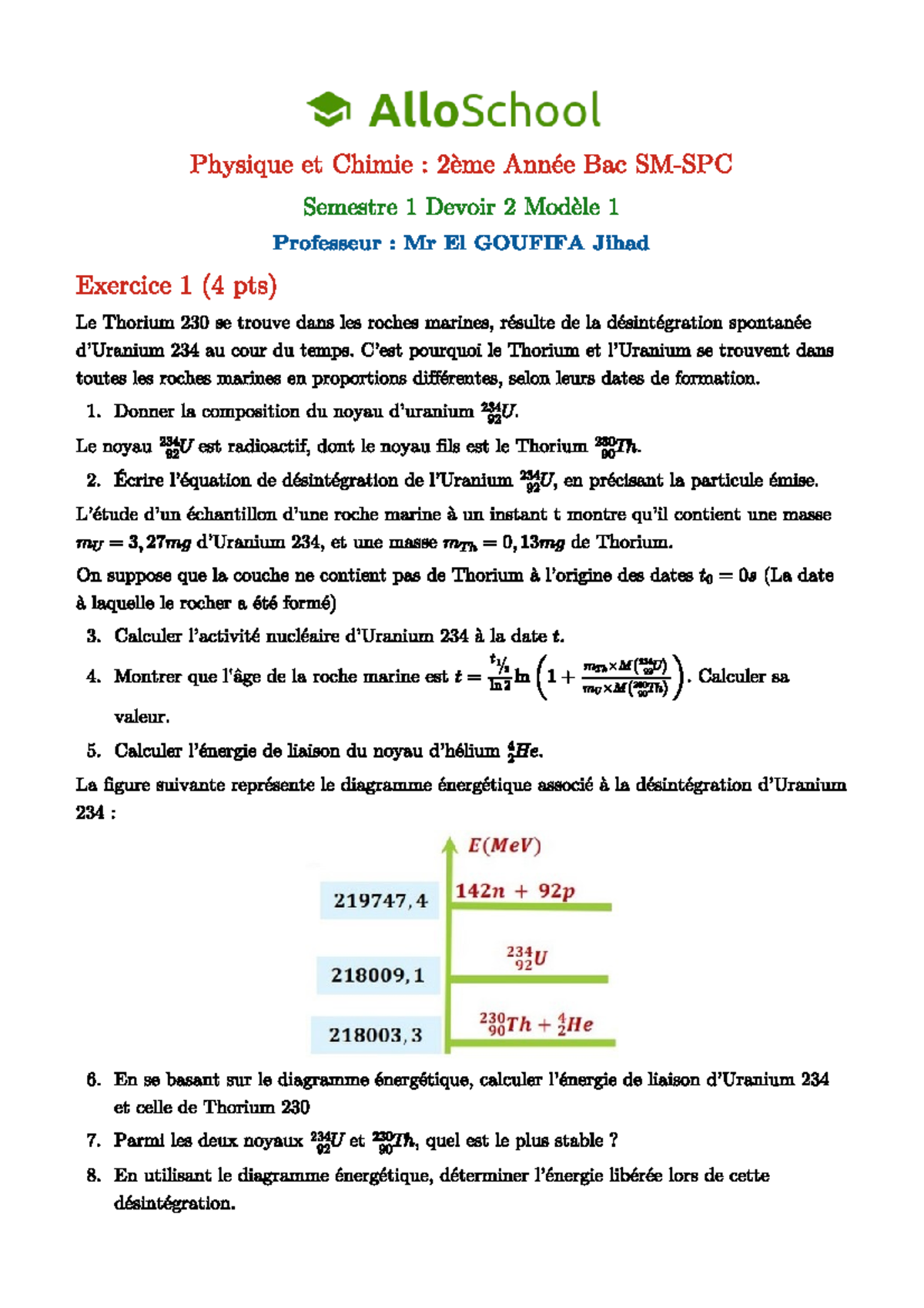 Devoir 2 Modèle 1 - Physique et Chimie 2BAC Sem 1 - Studocu
