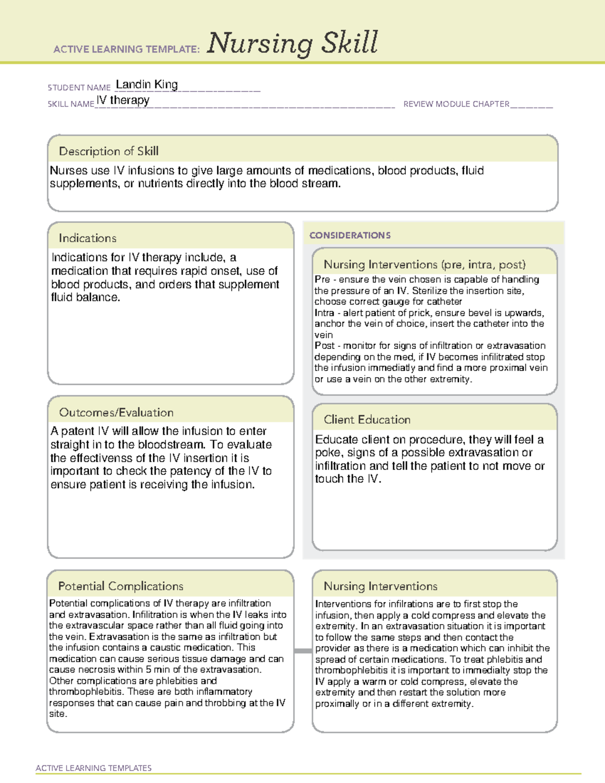 ACTIVE LEARNING TEMPLATE: Nursing Skill IV Therapy Review Module - Studocu