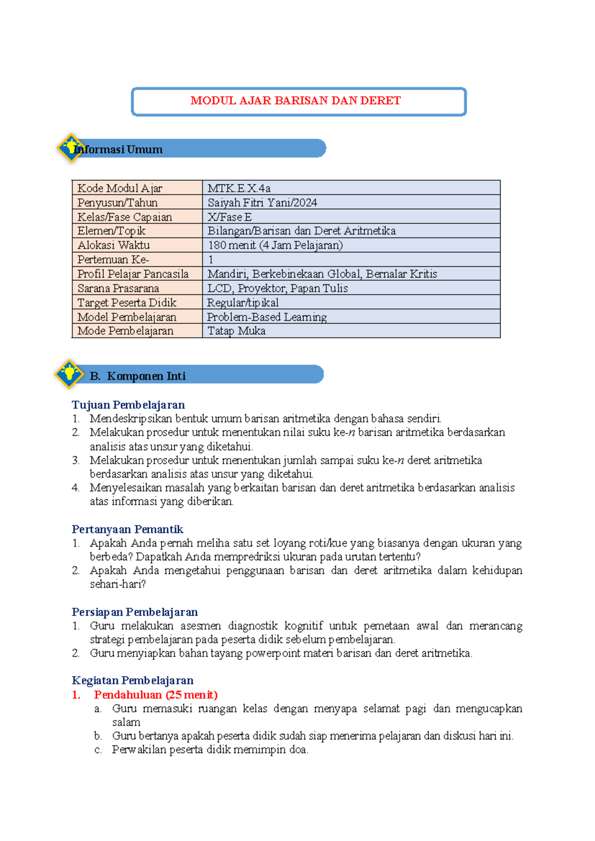 Modul Ajar 4: Barisan dan Deret Aritmetika & Geometri MTK.E.X - Studocu