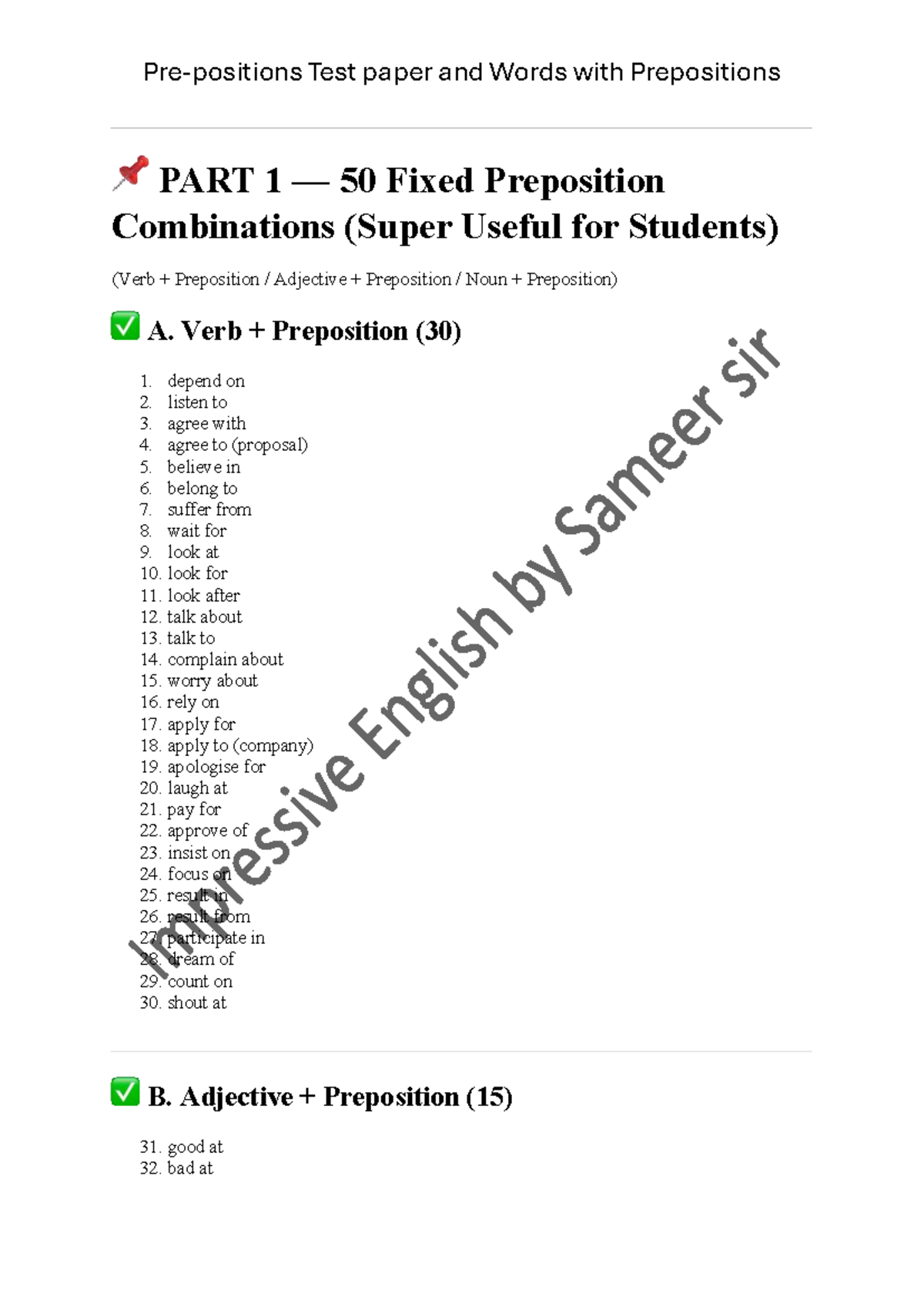 Prepositions and Common Errors: Test Paper 2025 (Part 1 & 2) - Studocu