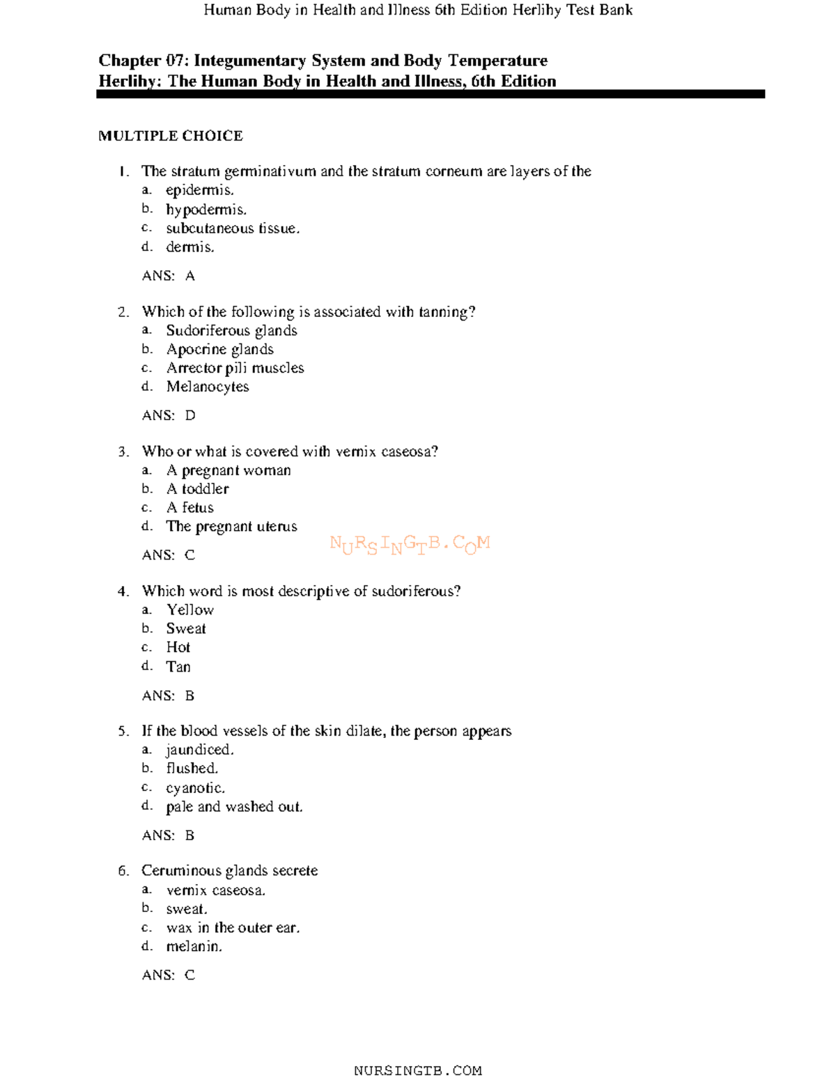 Chapter 07: Integumentary System MCQs - BIO 101 Study Notes - Studocu