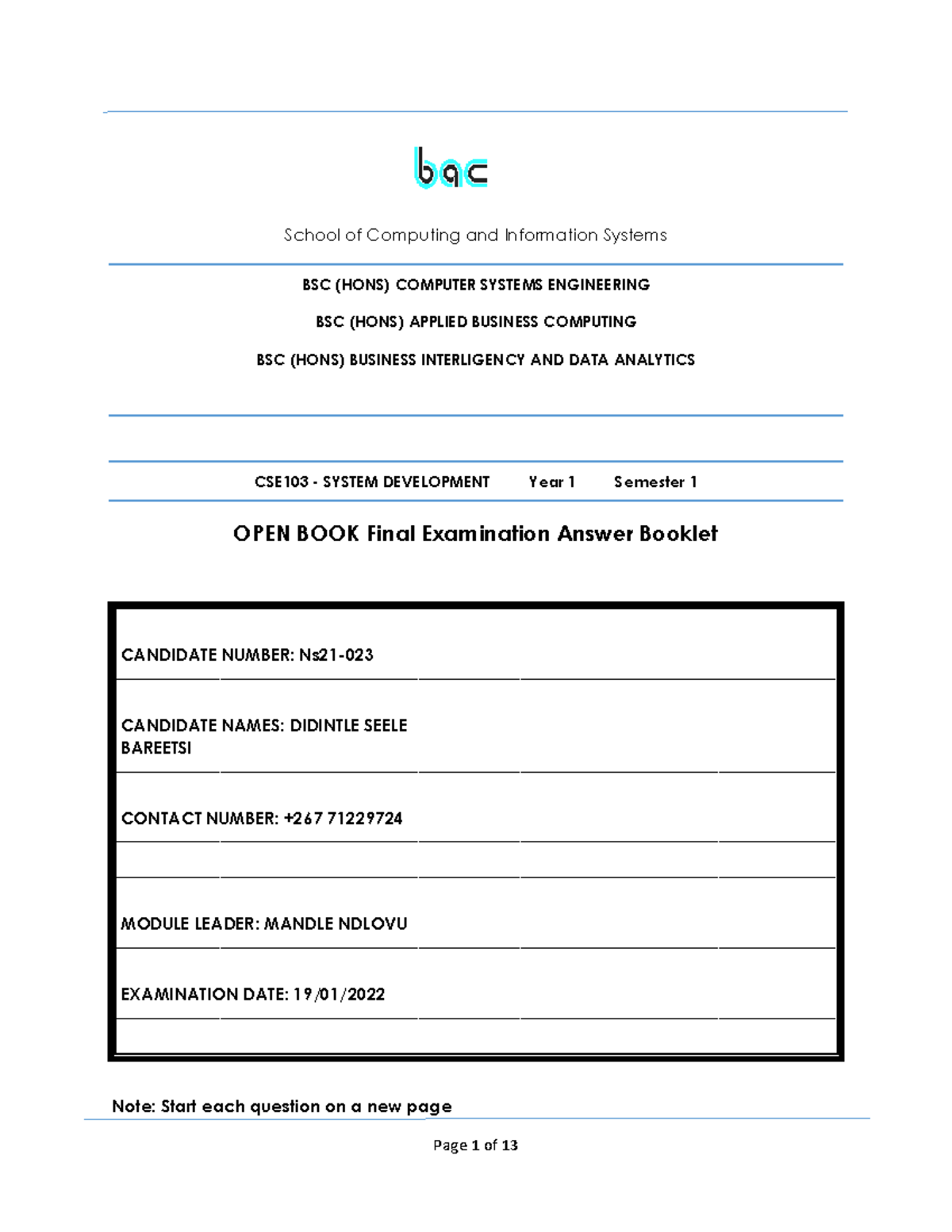 CSE103 Year 1 Semester 1 Final Exam Answer Booklet 2022 - Studocu