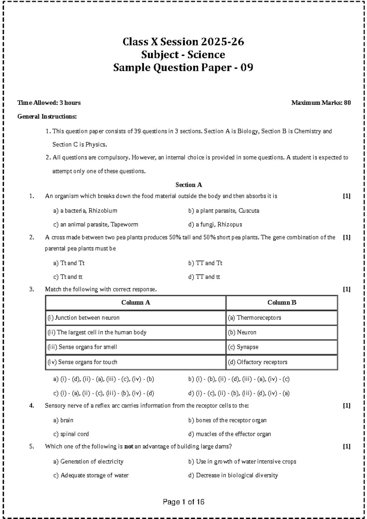 Class 10 Science Sample Question Paper for CBSE 2025-26 - Studocu