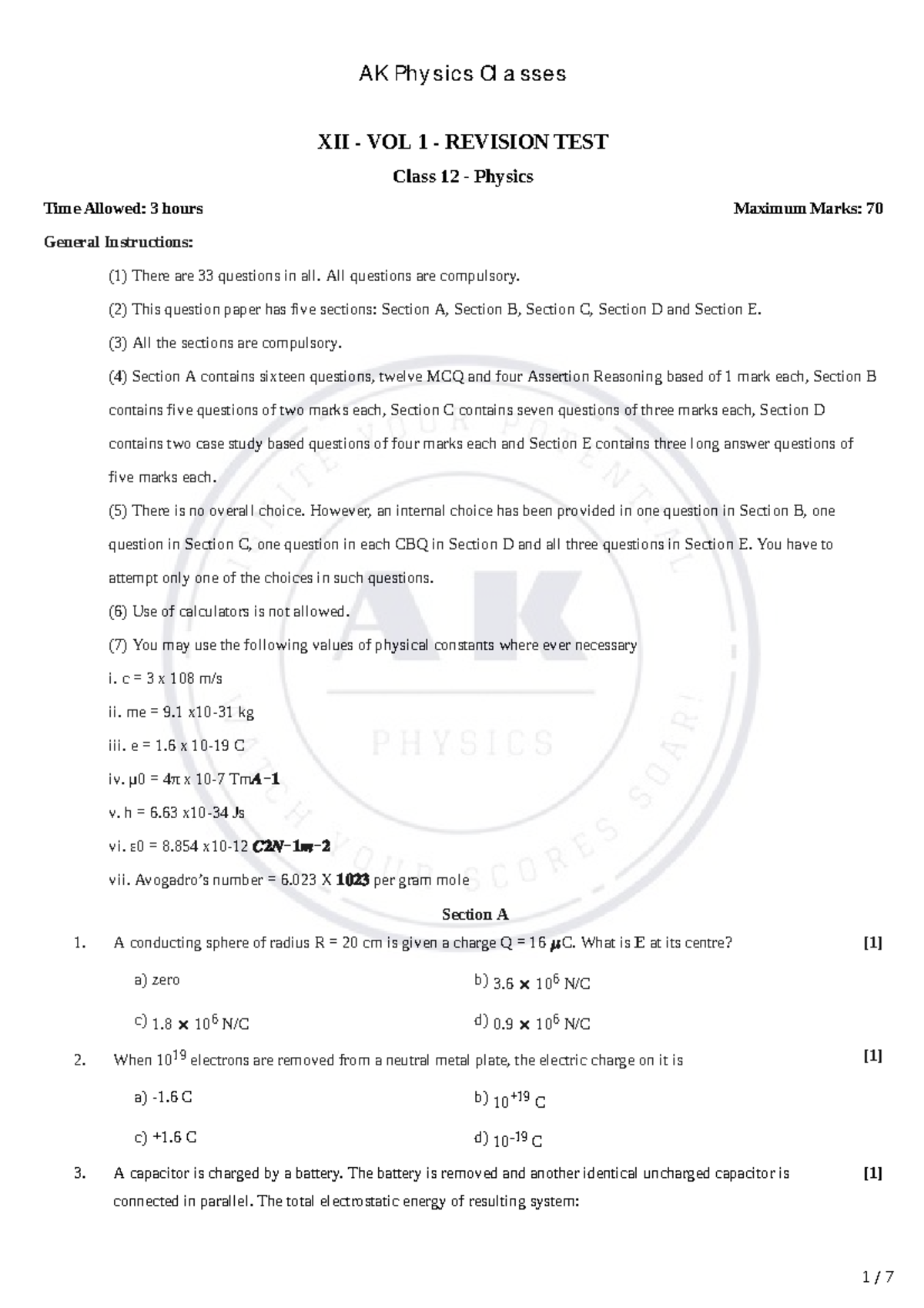 AK Physics Class XII VOL 1 REVISION TEST - 70 Marks QP & Solutions ...