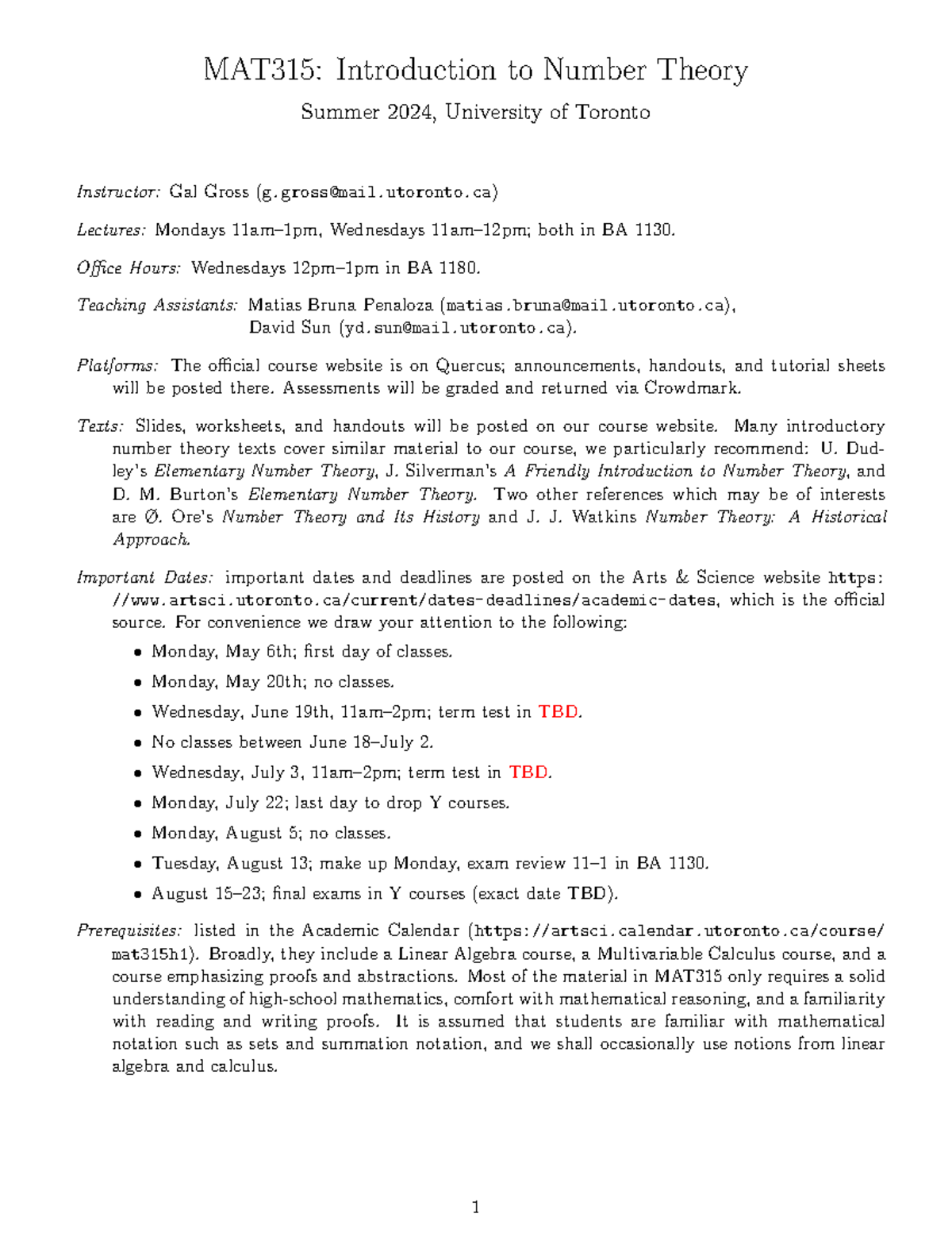 MAT315 Summer 2024 Course Syllabus: Introduction to Number Theory - Studocu