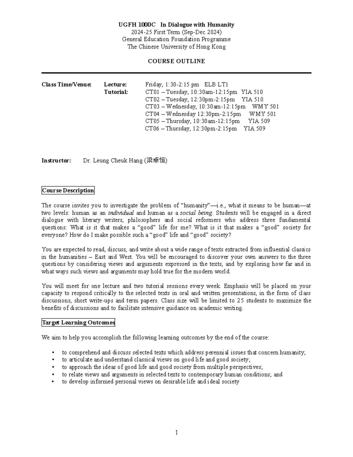 UGFH 1000C Course Outline 2024-2025: In Dialogue with Humanity - Studocu