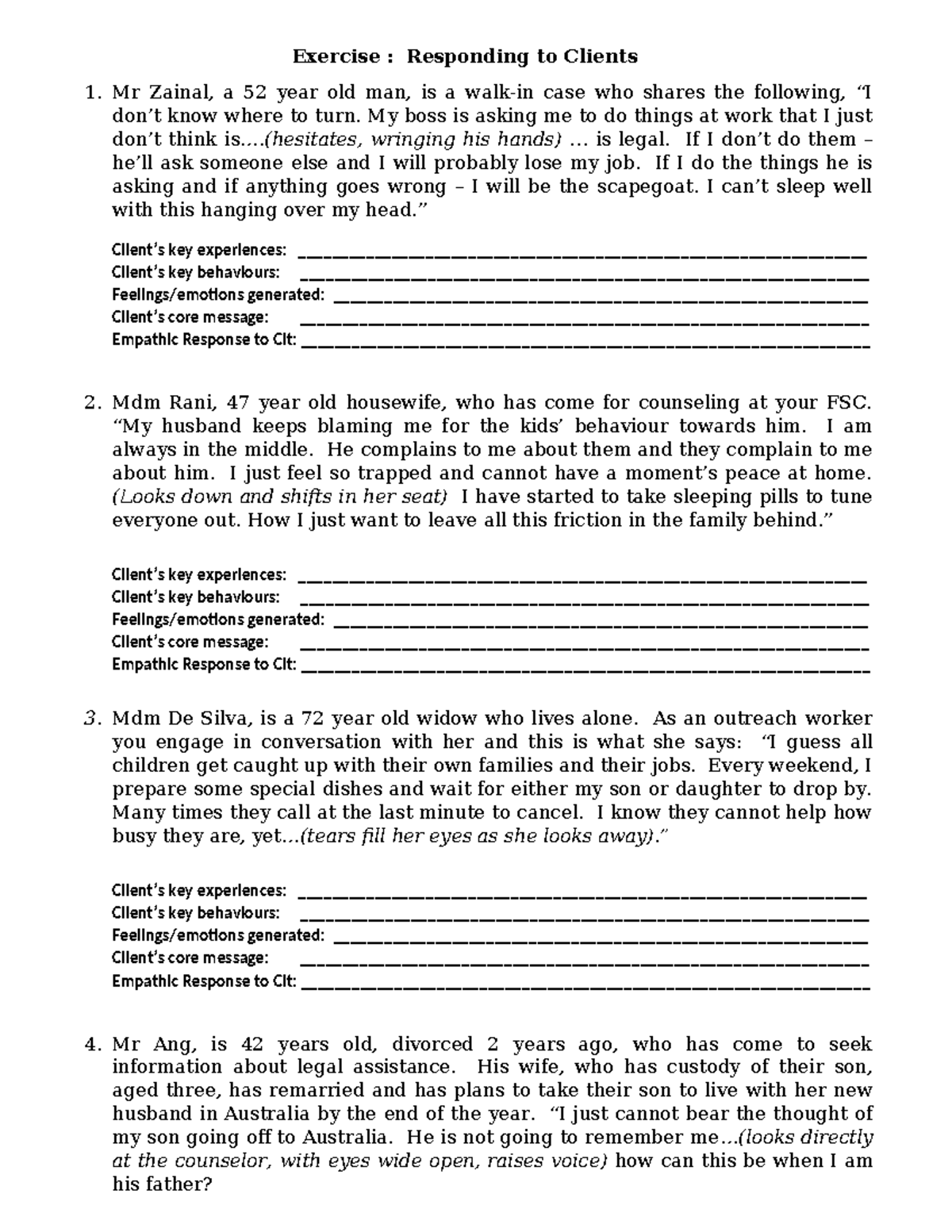 S7 - Exercise: Empathic Responses to Client Scenarios - Studocu