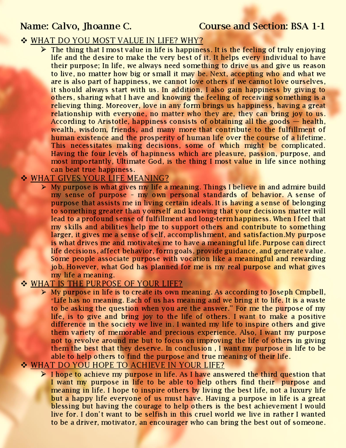 Understanding The Self (UTS) - Activity 1: Values, Purpose, and ...