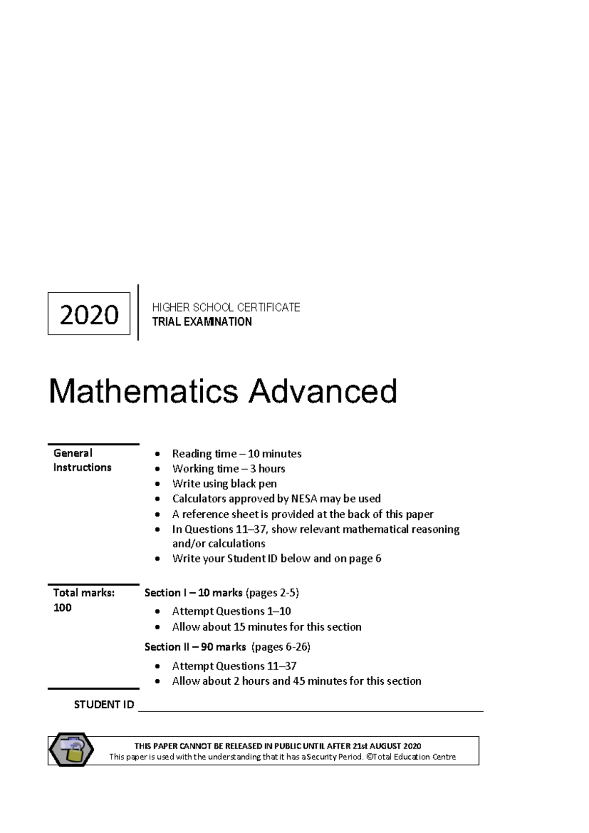 Bookminders Adv 2020 Trial - Mathematics Advanced General Instructions ...