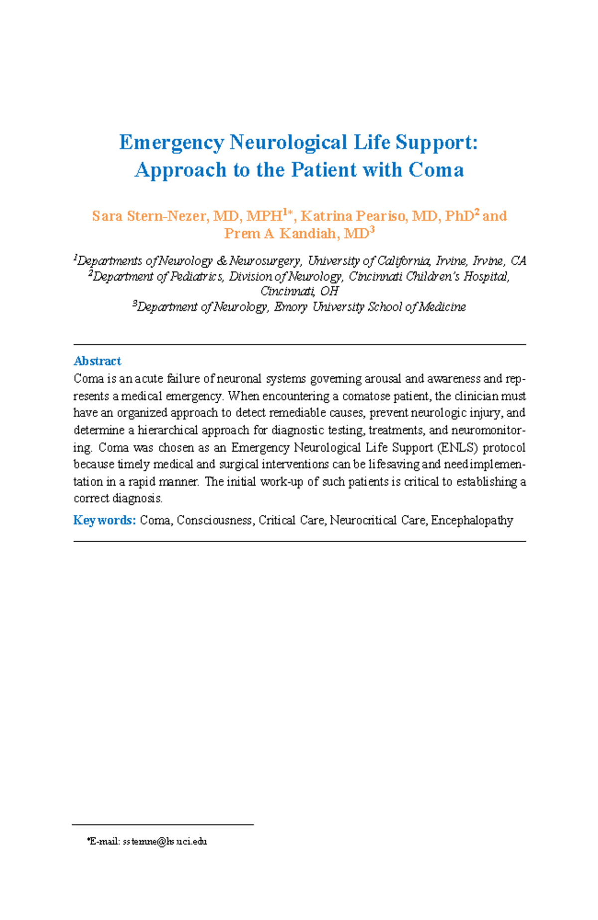 Emergency Neurological Life Support (ENLS) Protocol for Coma Management ...
