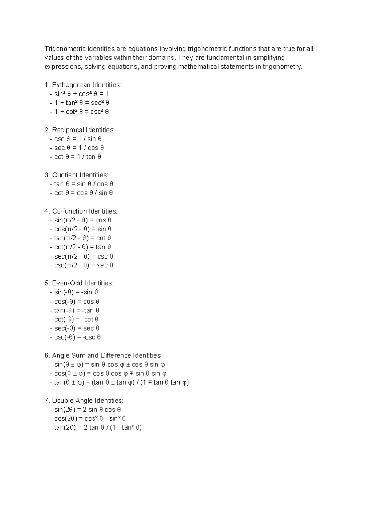Math - Trigonometric Identities Overview and Key Formulas - Studocu