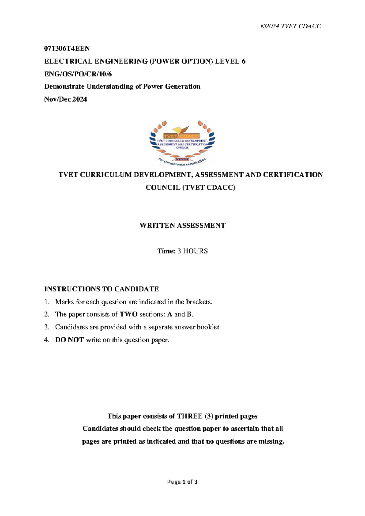 TVET CDACC 071306T4EEN Level 6 Electrical Engineering Power Generation ...