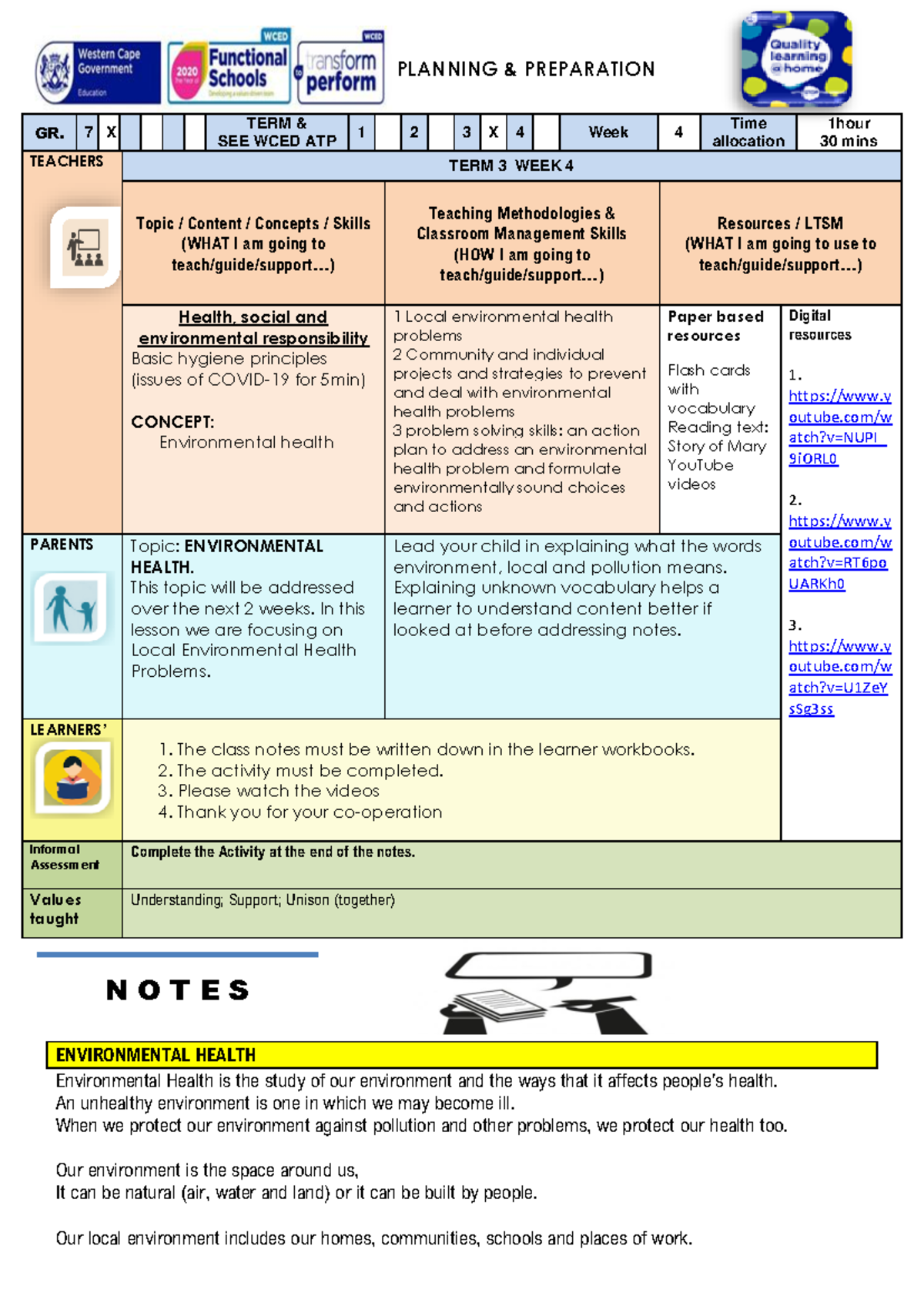Lesson Plan Gr. 7 Life Orientation: Environmental Health, Term 3, Wk 4 ...