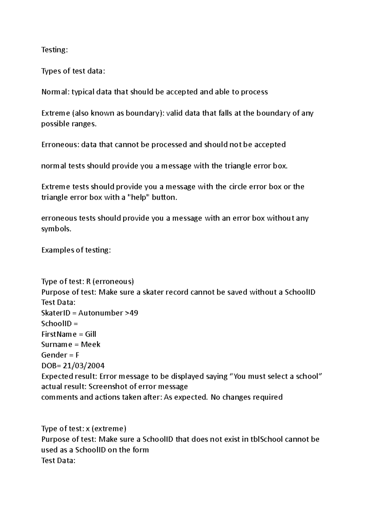 CS101 Testing Types and Examples: Normal, Extreme, and Erroneous Data ...