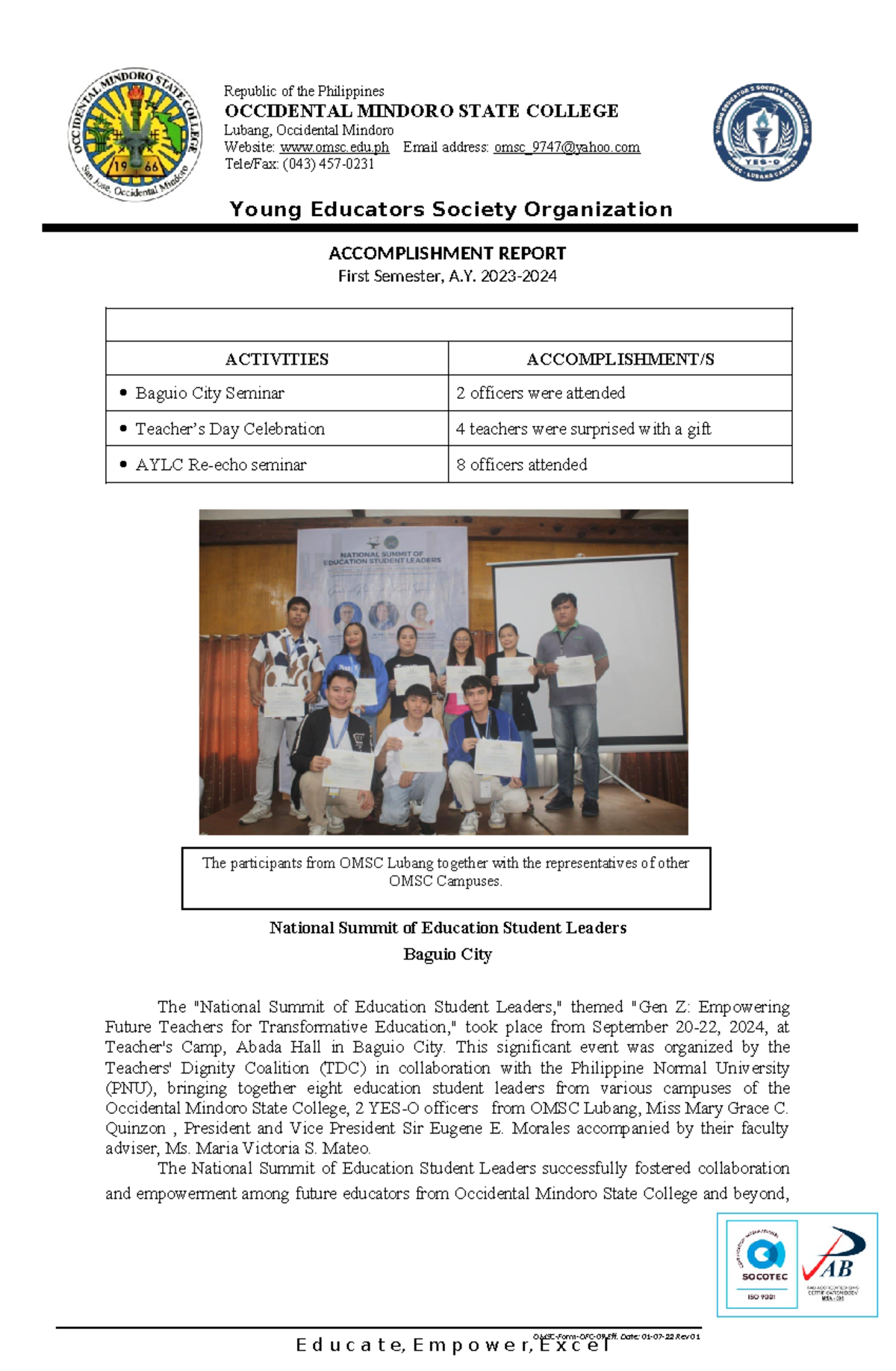 OMSC Accomplishment Report: First Semester 2023 Activities Summary ...