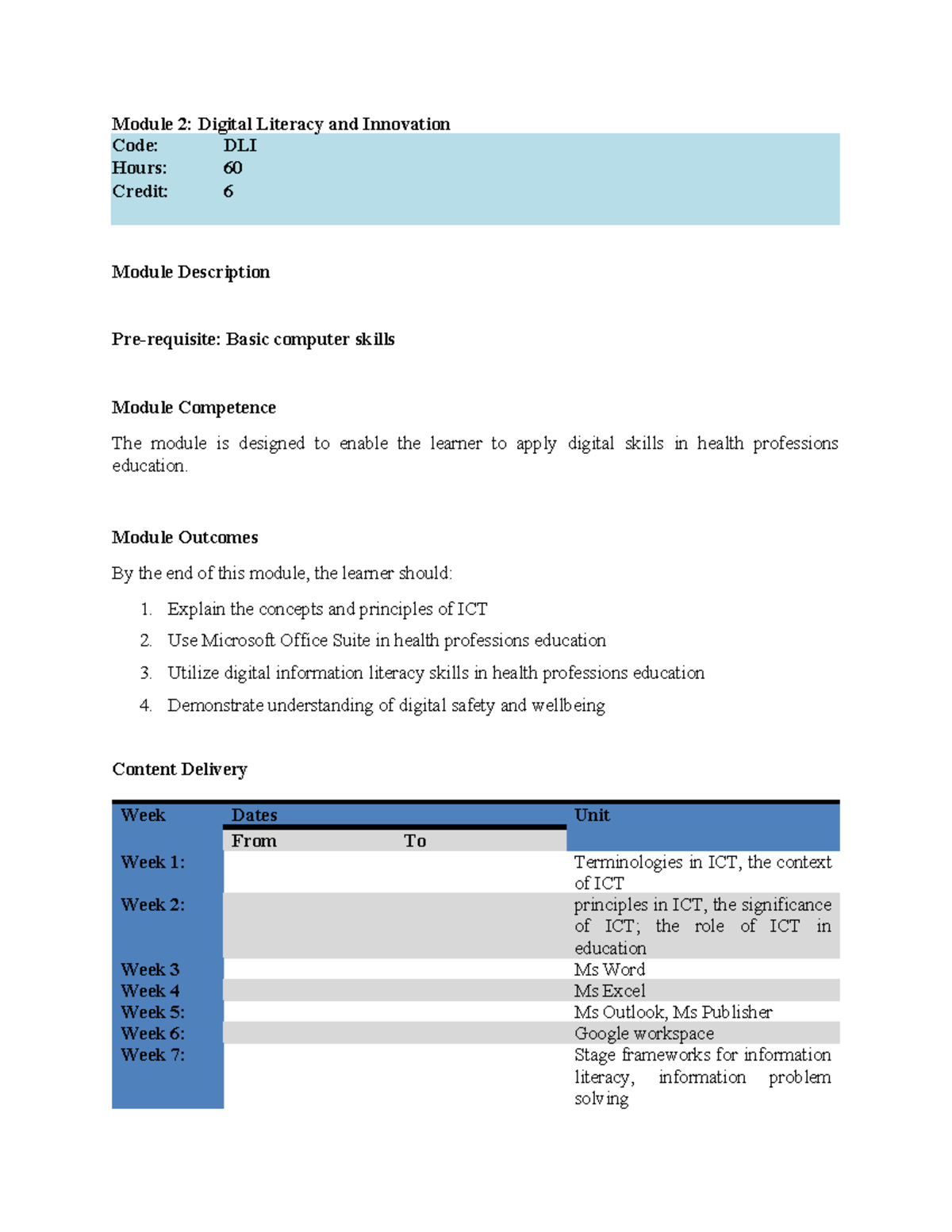 Module 2: Digital Literacy & Innovation Course Outline (DLI) - Studocu