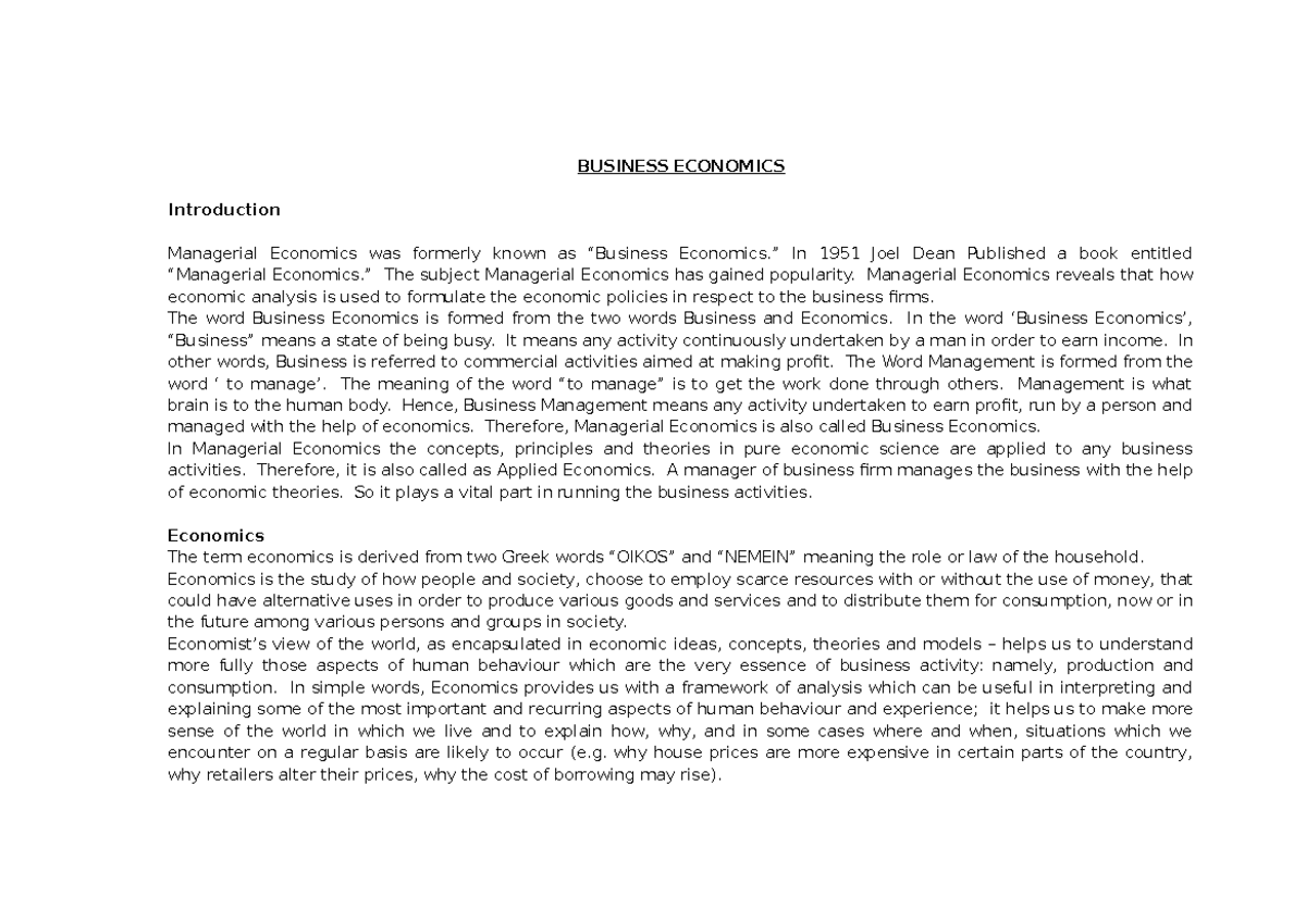 BE UNIT 1 PART 1 - Business Economics Notes and Key Concepts - Studocu
