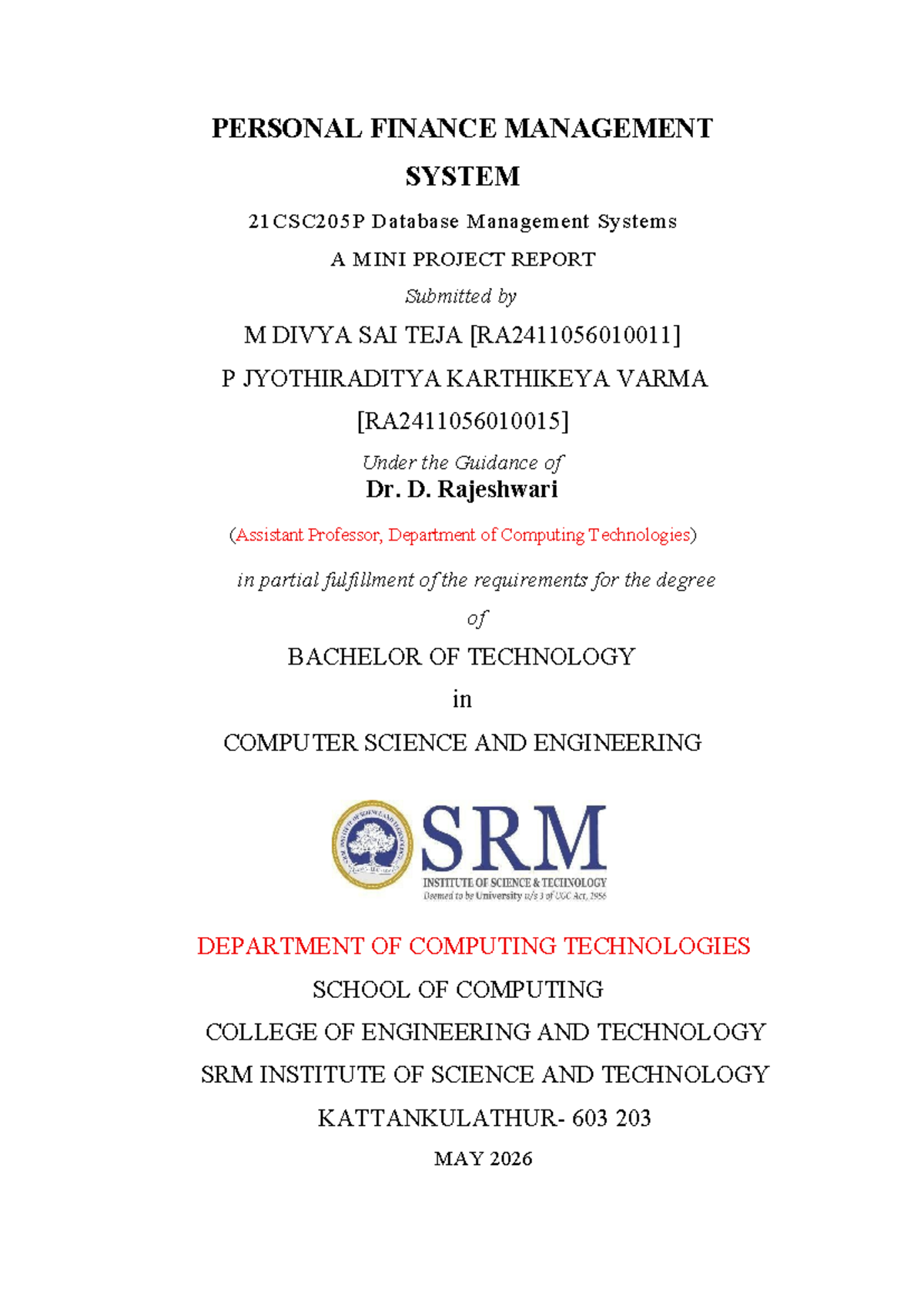 21CSC205P Mini Project Report on Personal Finance Management System ...