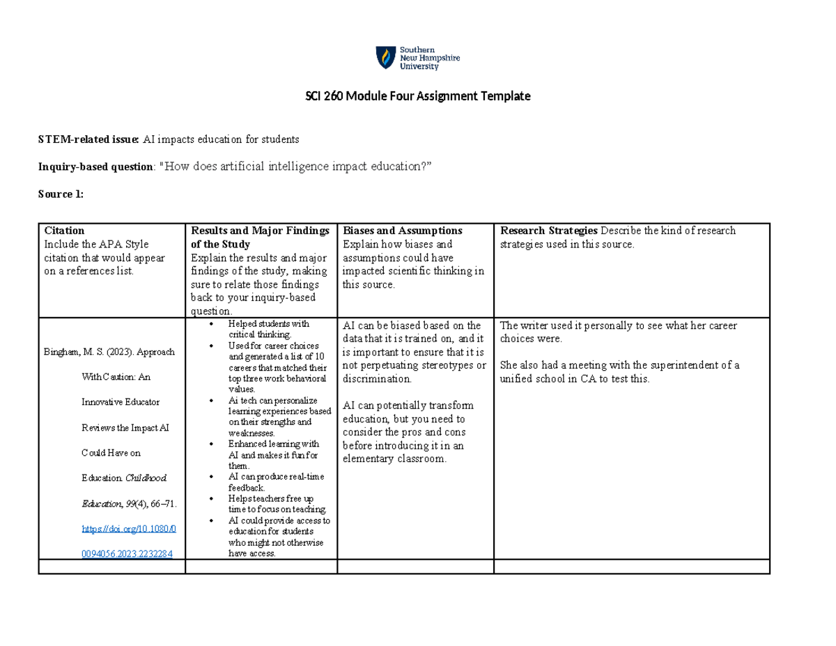 SCI 260 Final Assignment: Analyzing AI's Impact on Education - Studocu