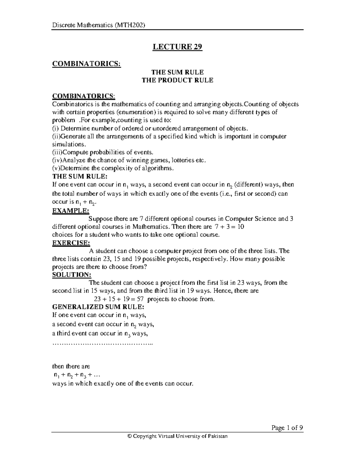 Discrete Mathematics (MTH202) Lecture 29: Combinatorics Overview - Studocu