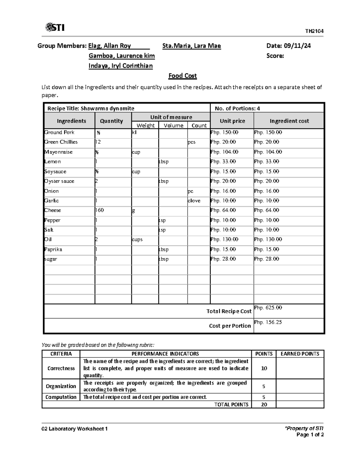 02 Laboratory Worksheet 1: Food Cost Analysis for Shawarma Recipe - Studocu
