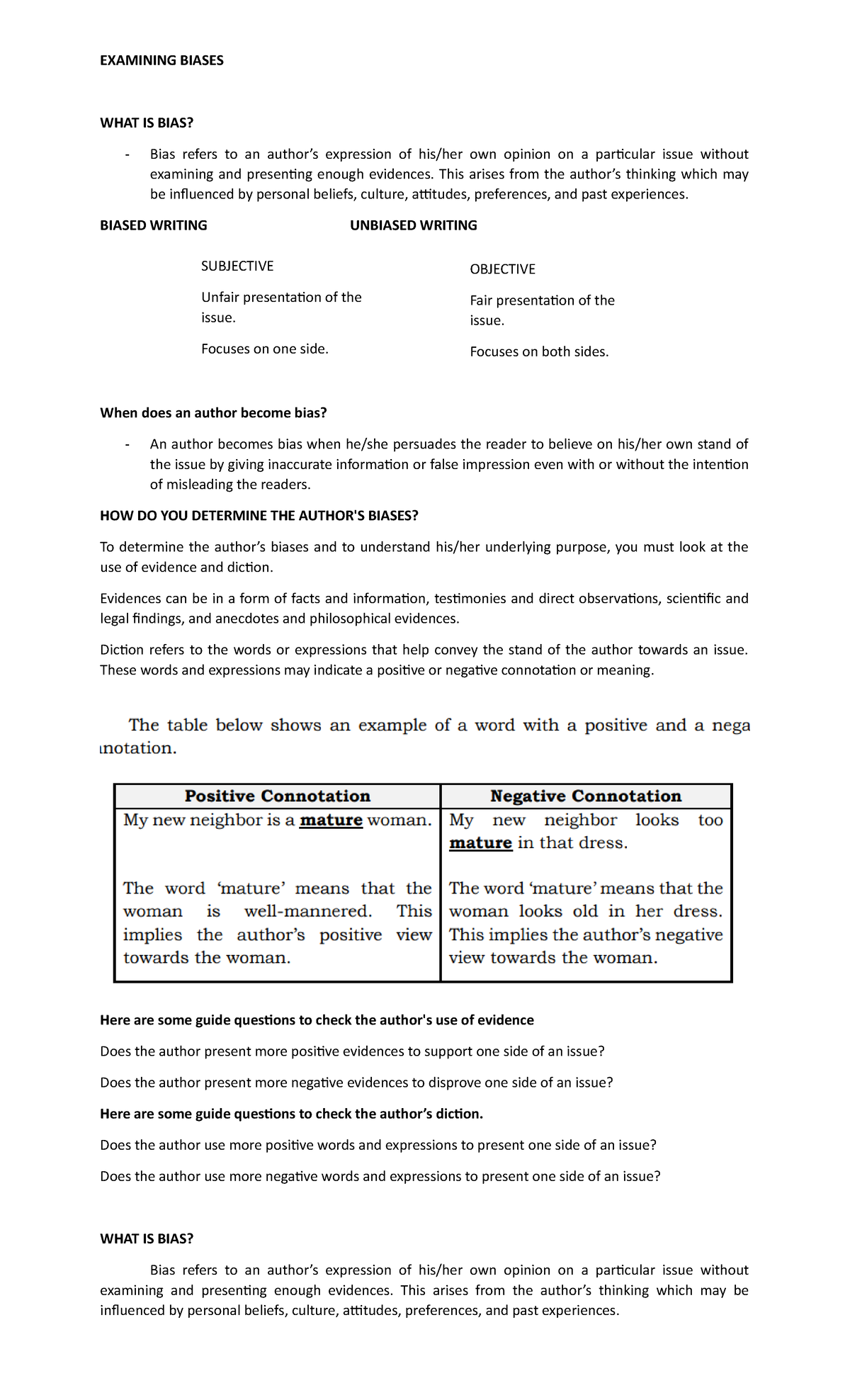 Examining Biases - Q3 MODULE 1 - EXAMINING BIASES WHAT IS BIAS? Bias refers to an author’s - Studocu